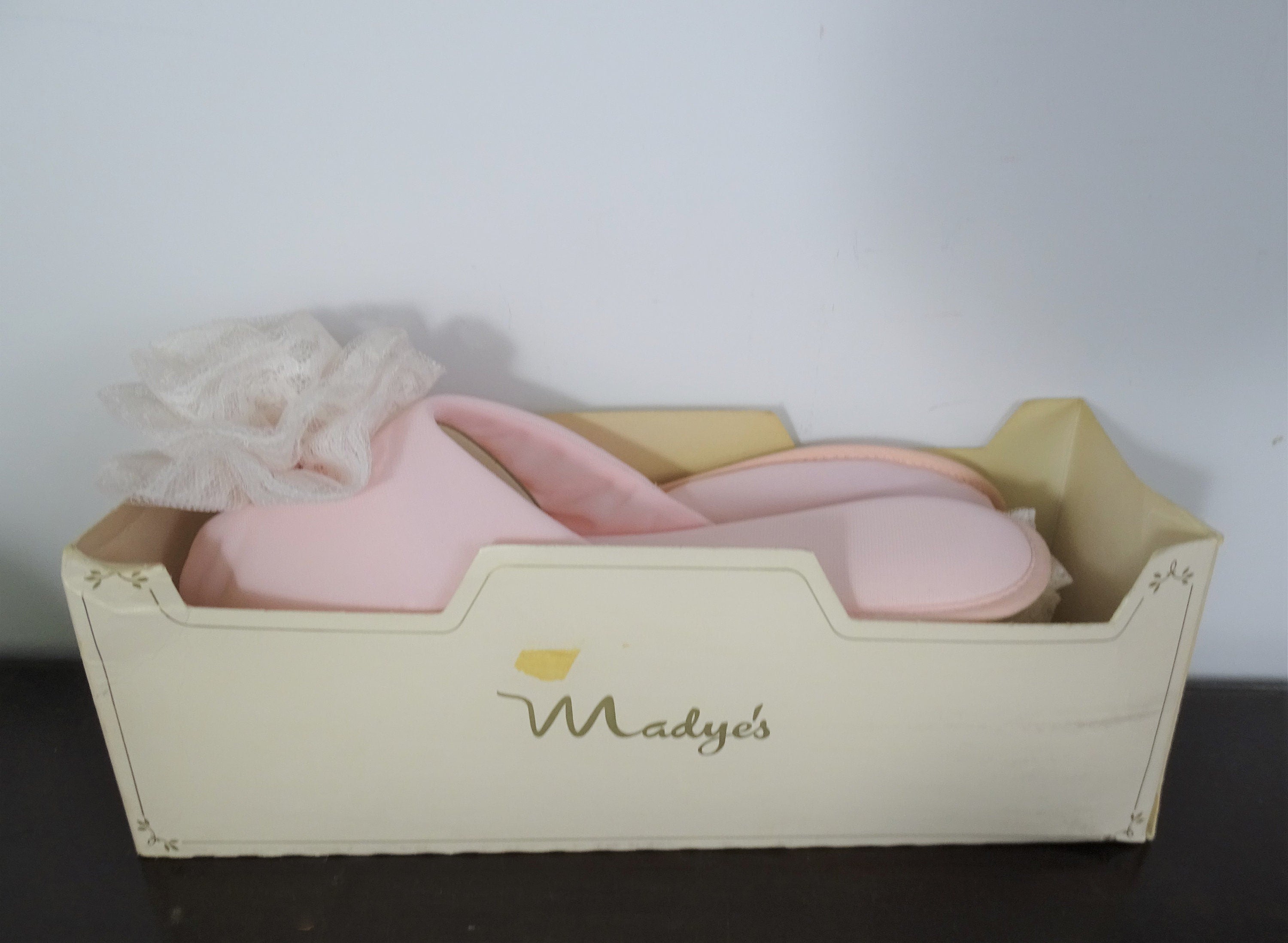 Vintage 50’s Open Toe Pink Satin Lace Slippers by Madye's Glamour ...