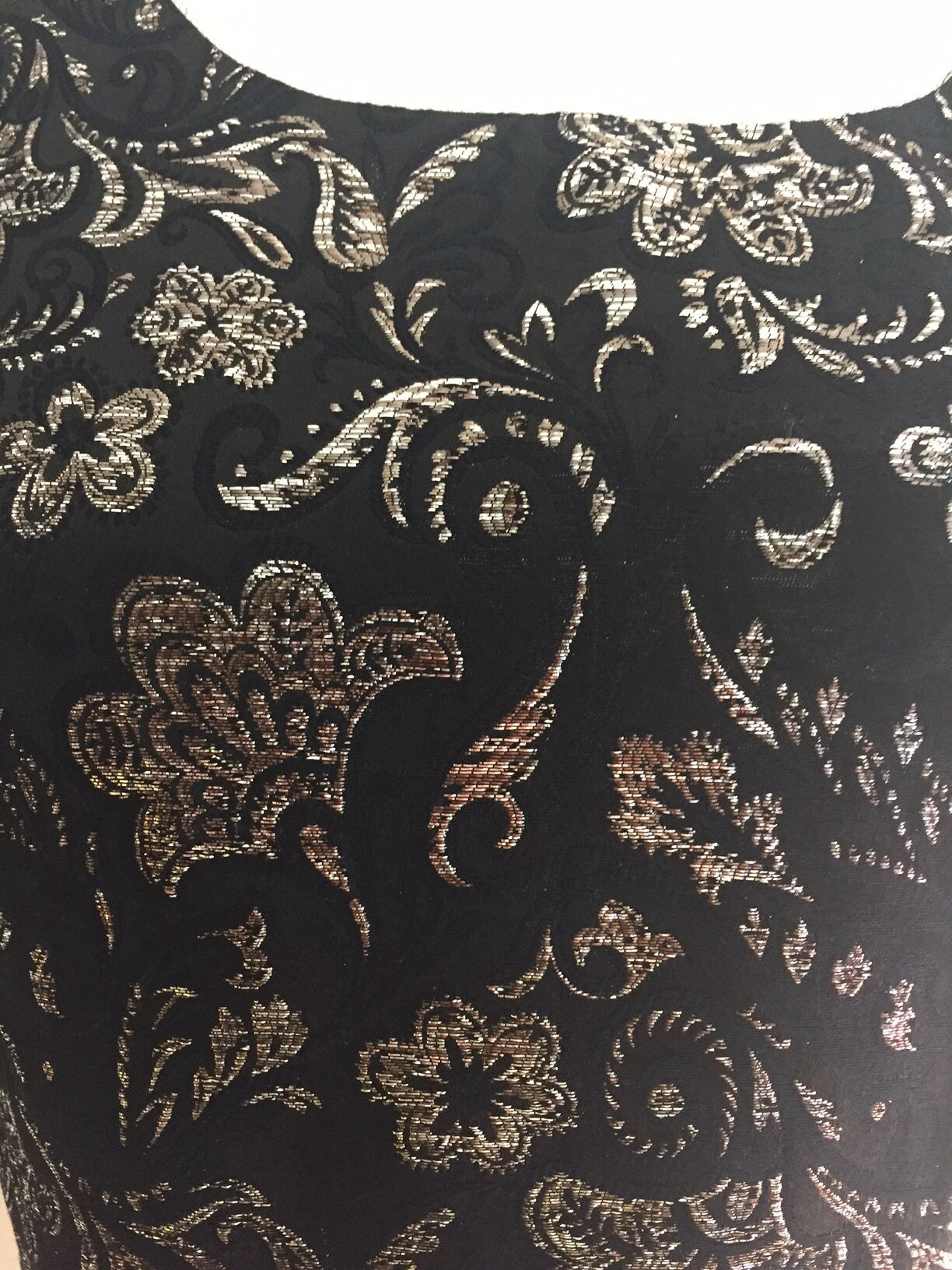 Vintage 60s Black Silk Jacquard Shell with Silver and Bronze Metallic ...