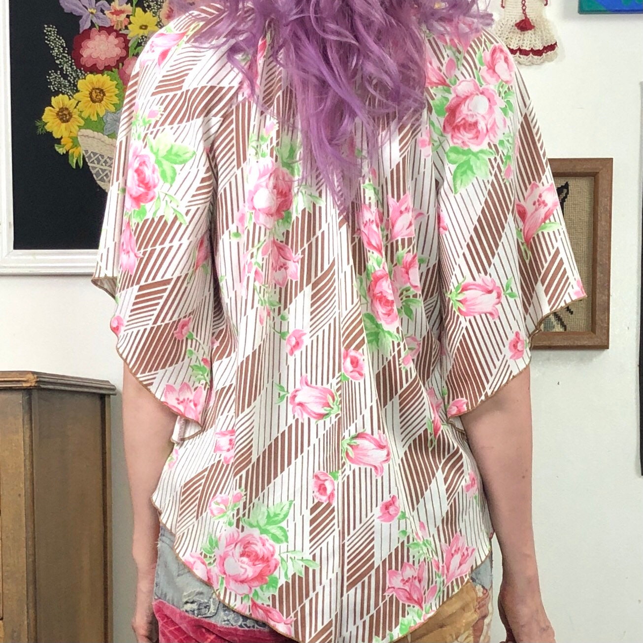 Vintage Angel Wing Blouse 70s Floral and Stripe Top, Granny Chic Sz M ...