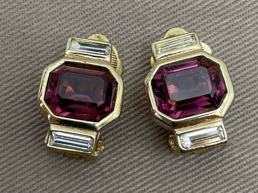 Vintage Signed Faux Amethyst and Crystal Petite Art Deco Clip On Earri ...
