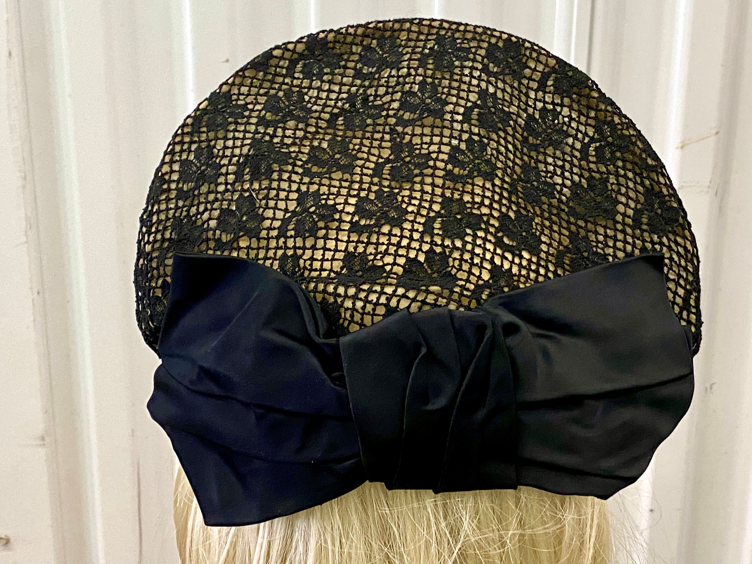 Vintage Mid Century Black Lace Netting Hat Cap with Satin Bow | Shop ...