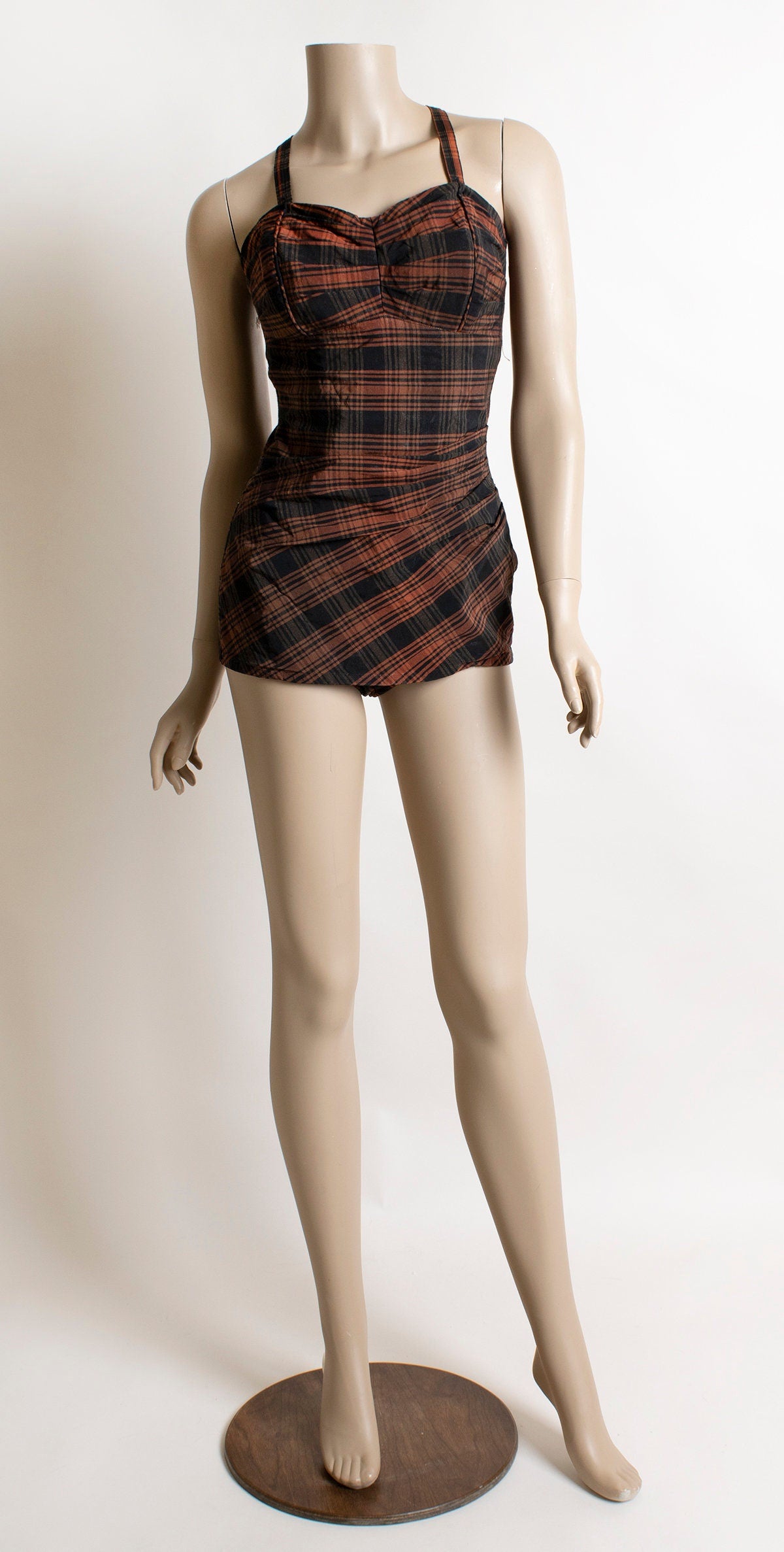 Vintage 60s Bathing Suit - Brown Black Ombre Plaid Print One Piece Hal ...