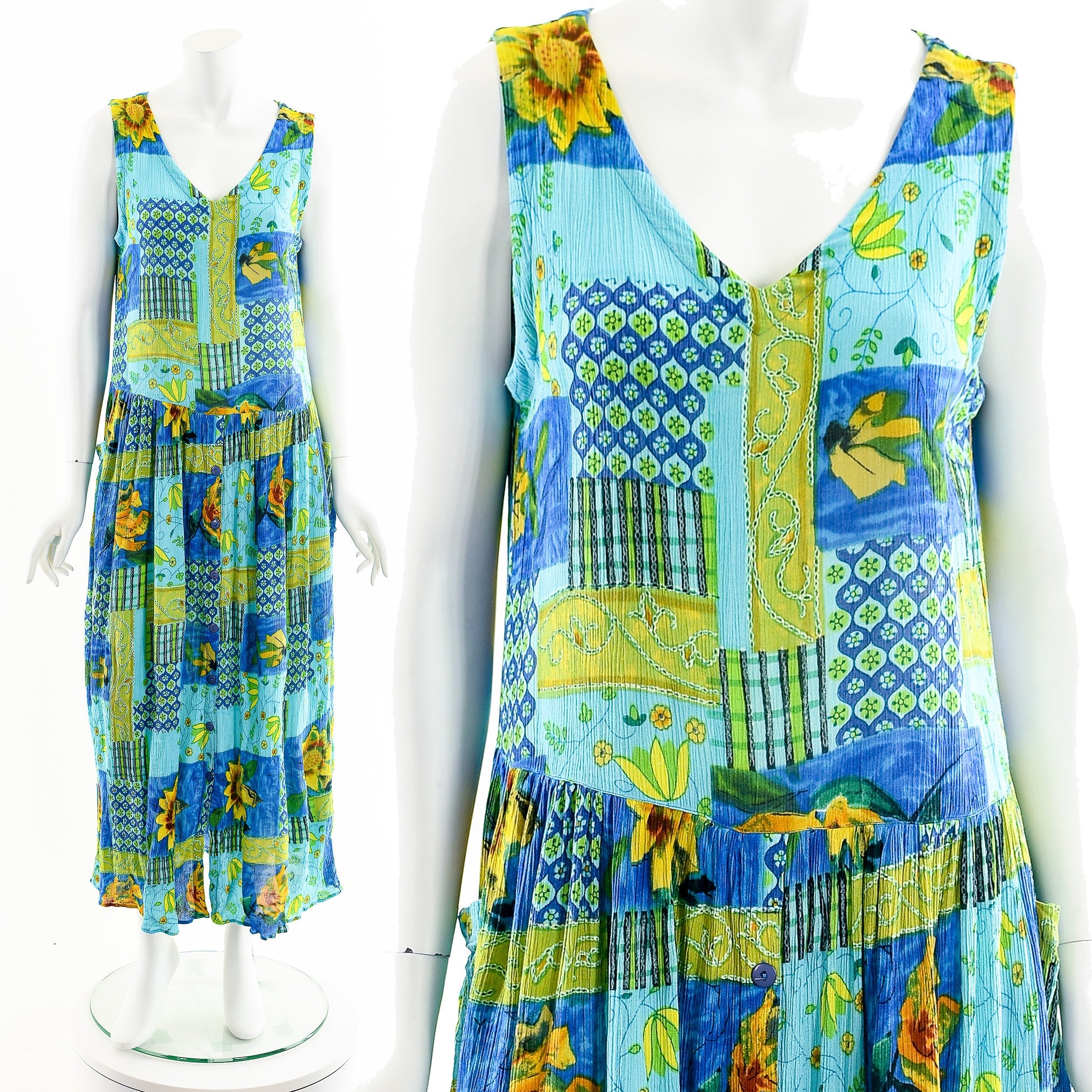Vintage 90s Rayon Blue Tone Sunflower Maxi Dress by Bila | Shop THRILLING