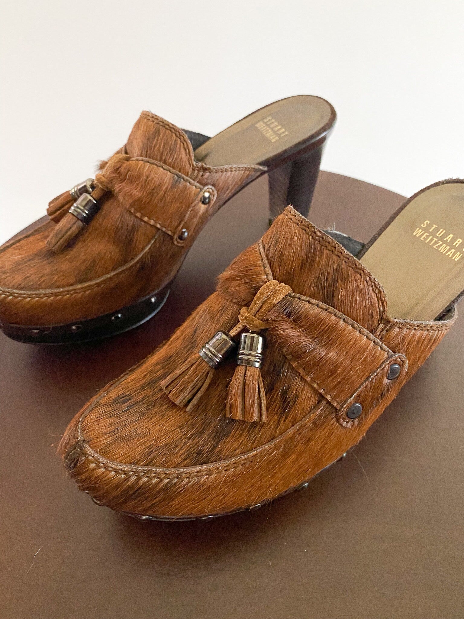 Vintage Brown Heeled Pony Hair Penny Loafer Clogs by Stuart Weitzman ...