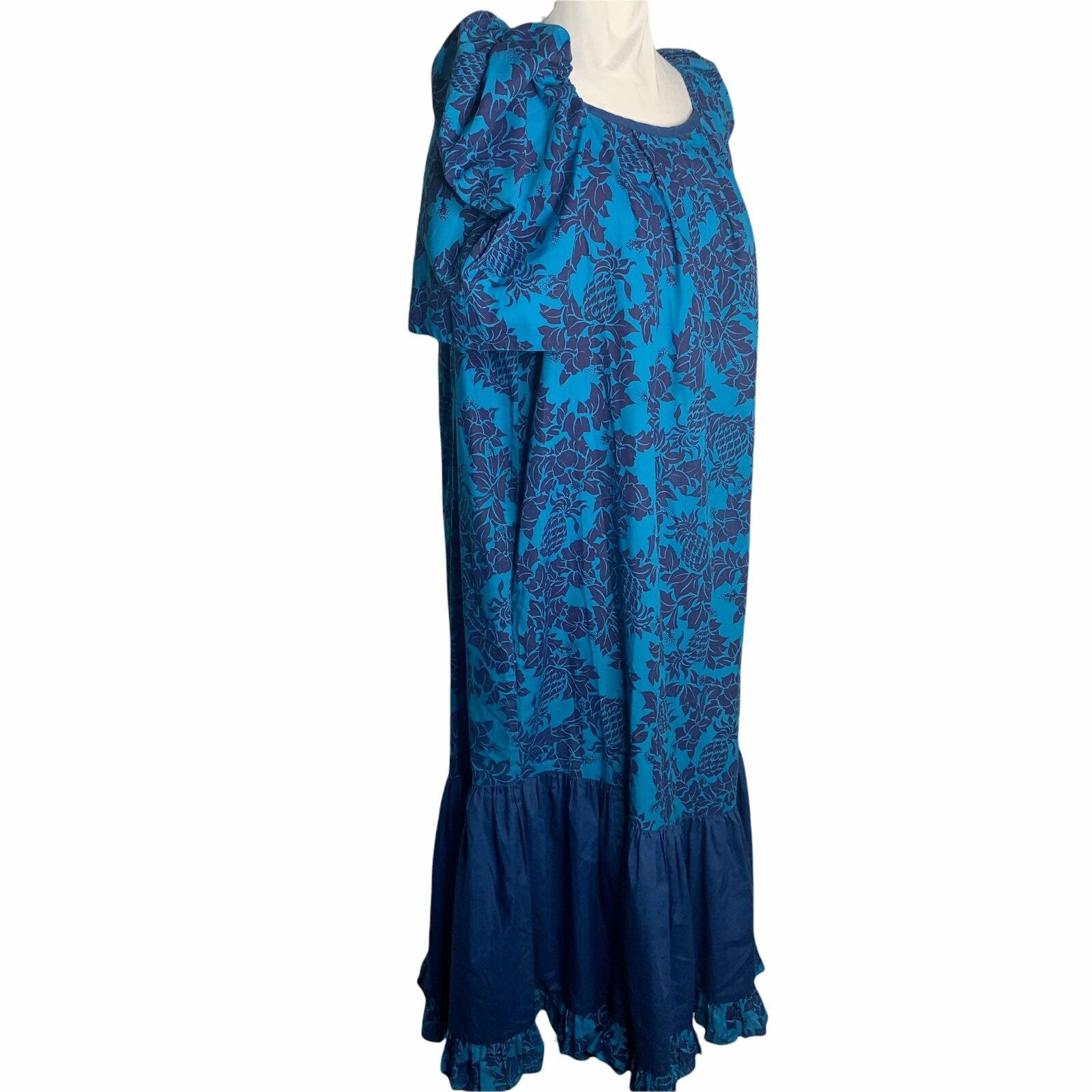 Vintage Hawaiian Aloha Muumuu Dress L Blue Pineapples Ruffle Puff Shou ...