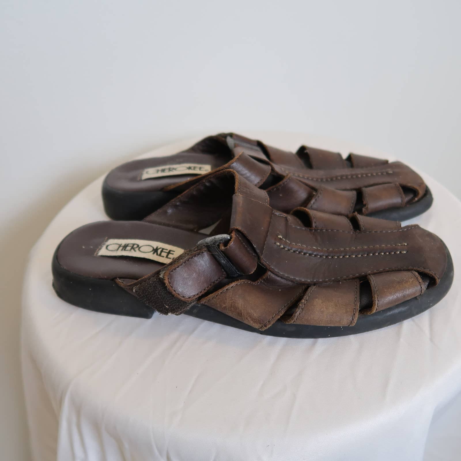 Vintage 90s Cherokee Brown Leather Slip On Sandal Shoes by Cherokee ...