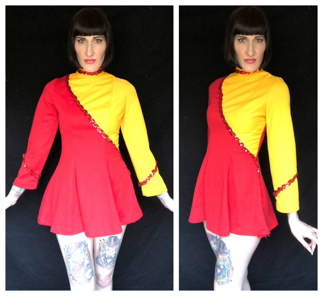 Vintage 70s 80s Majorette Cheerleader Band Uniform Yellow and Red Sequ ...