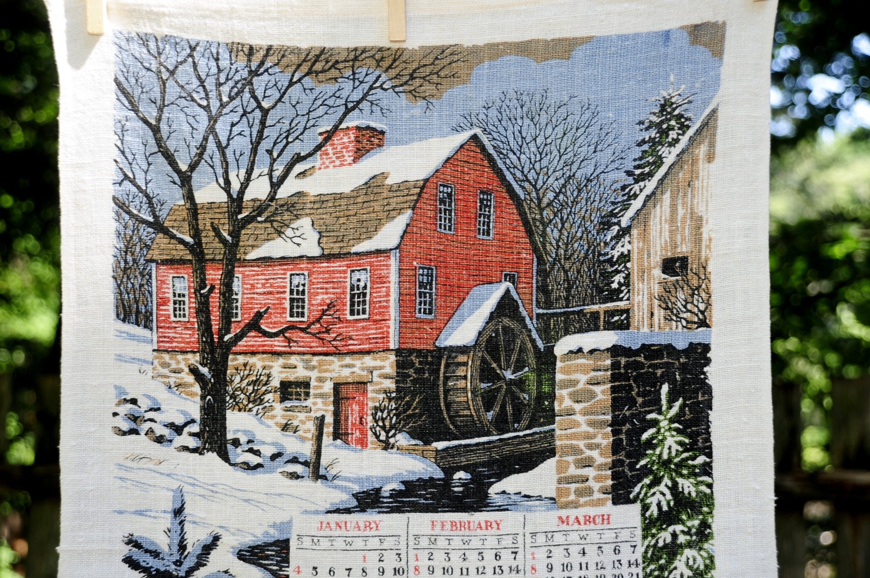 Vintage 1981 Watermill In Winter Calendar Towel Cardinal In Tree Birth ...