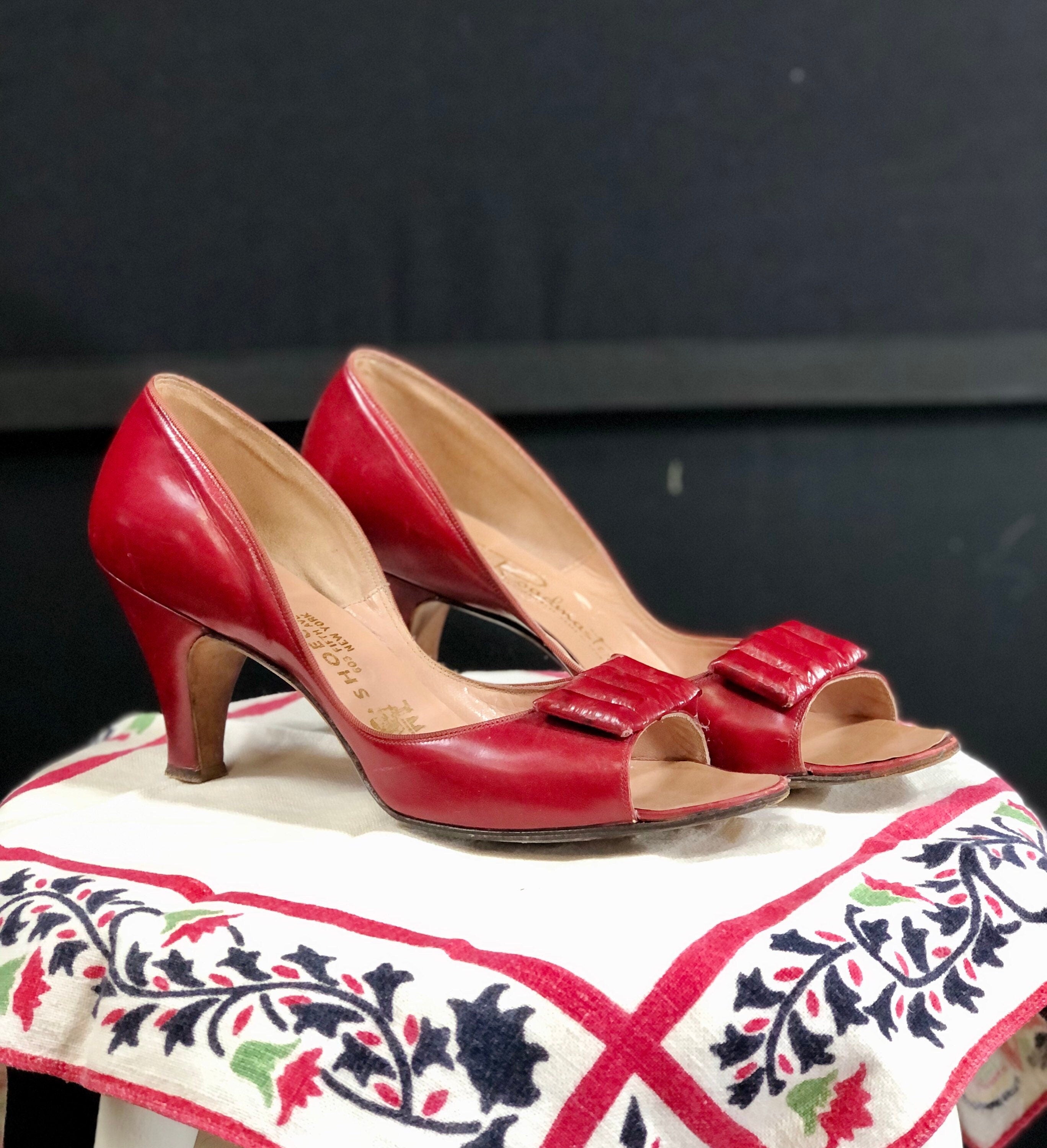 Vintage 50s Peep Toe Shoes / Cherry Red Pumps By Roadmaster / Tall Gals ...