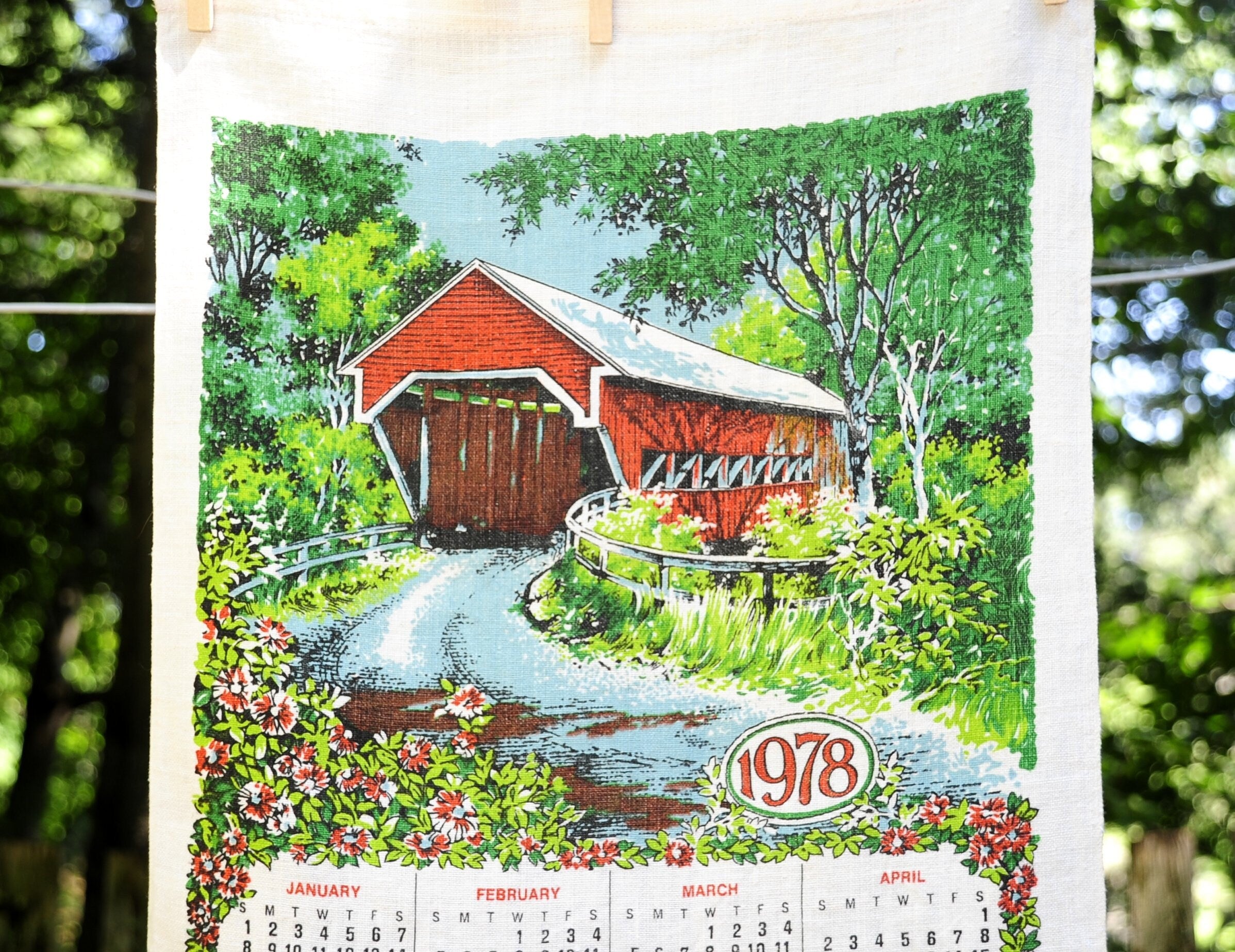 Vintage 1978 Red Covered Bridge In Spring Summer with Flowers Calendar ...