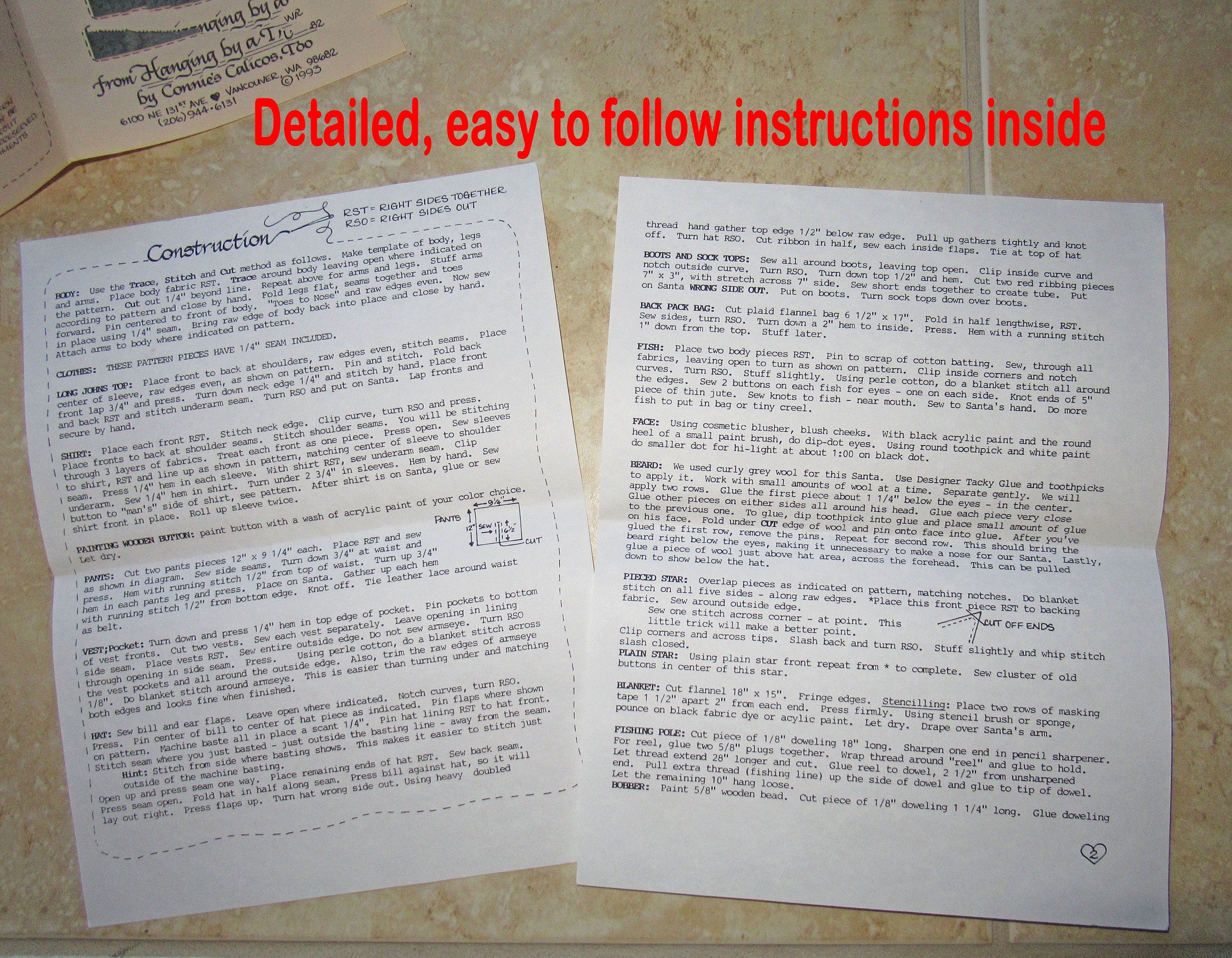 Vintage Santa Pattern Hook Line and Santa 16 Inch 1993 Connie's Calicos ...