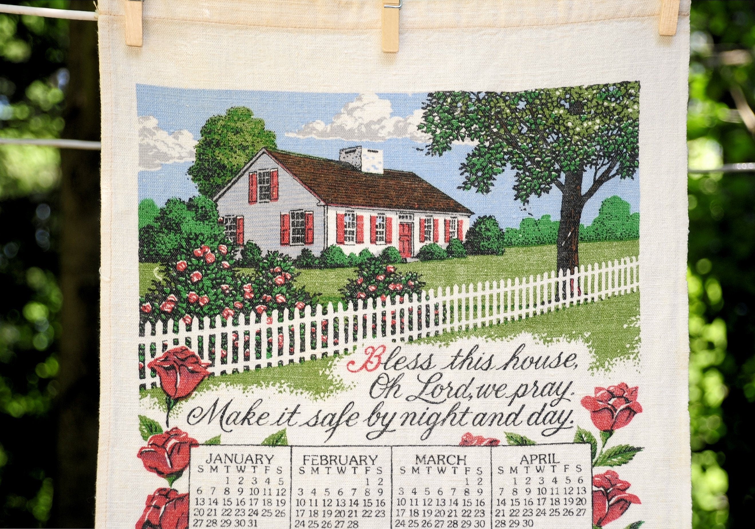 Vintage 1991 Bless This House Prayer Calendar Tea Towel White Cape-Sty ...