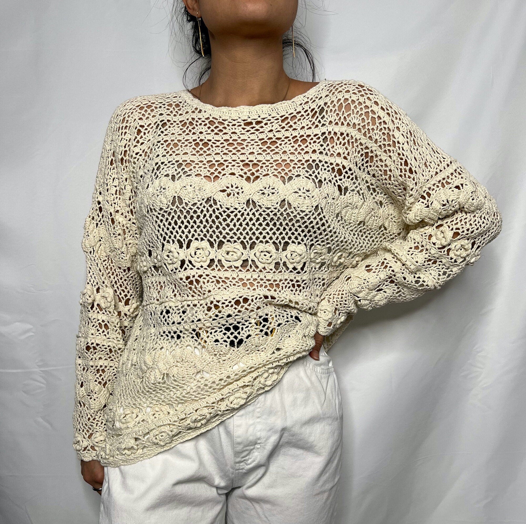 Vintage 90’s Open Work Crochet Long Sleeve Market Sweater | Shop THRILLING