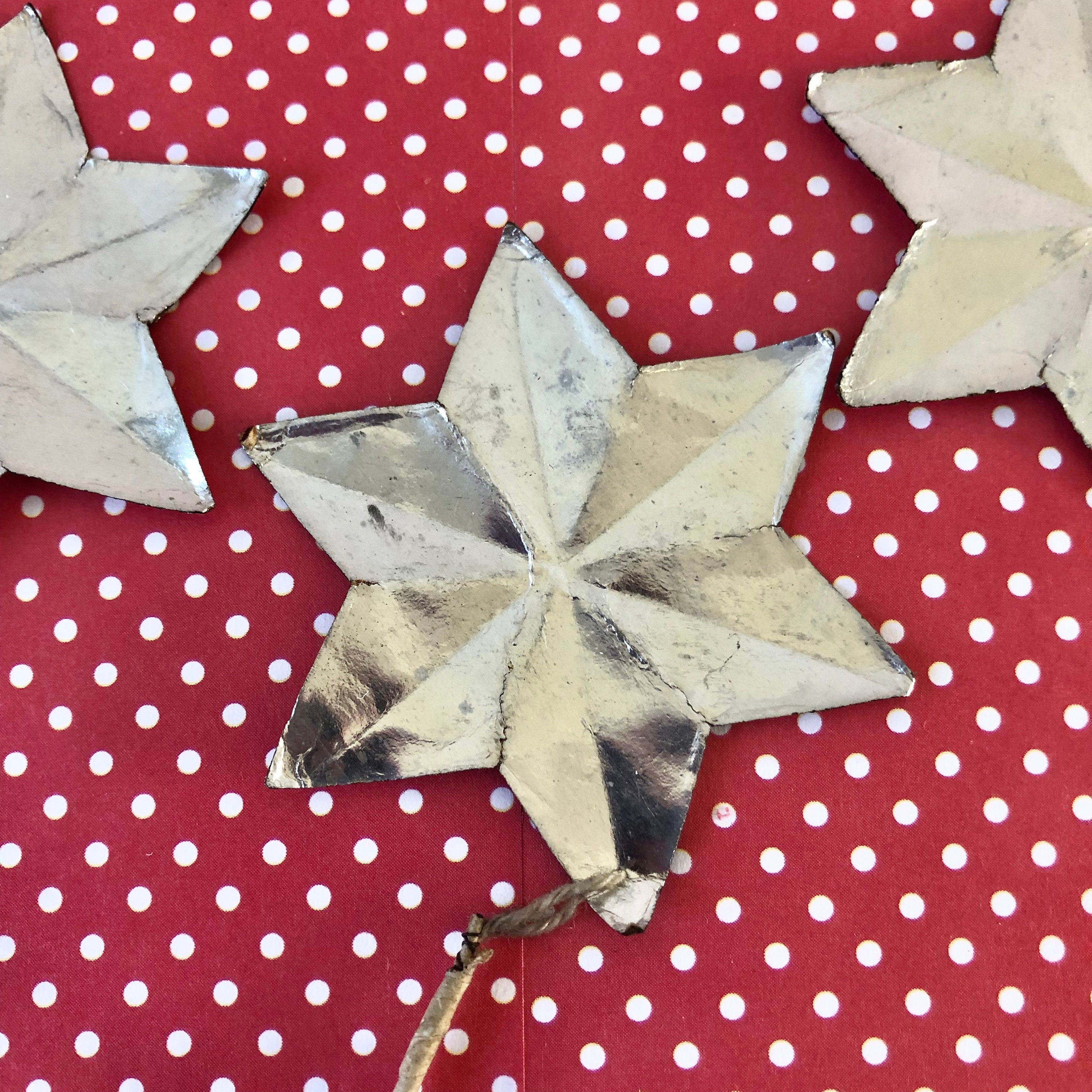 6 Vintage Silver Foil Paper Star Christmas Ornaments Retro Christmas J ...