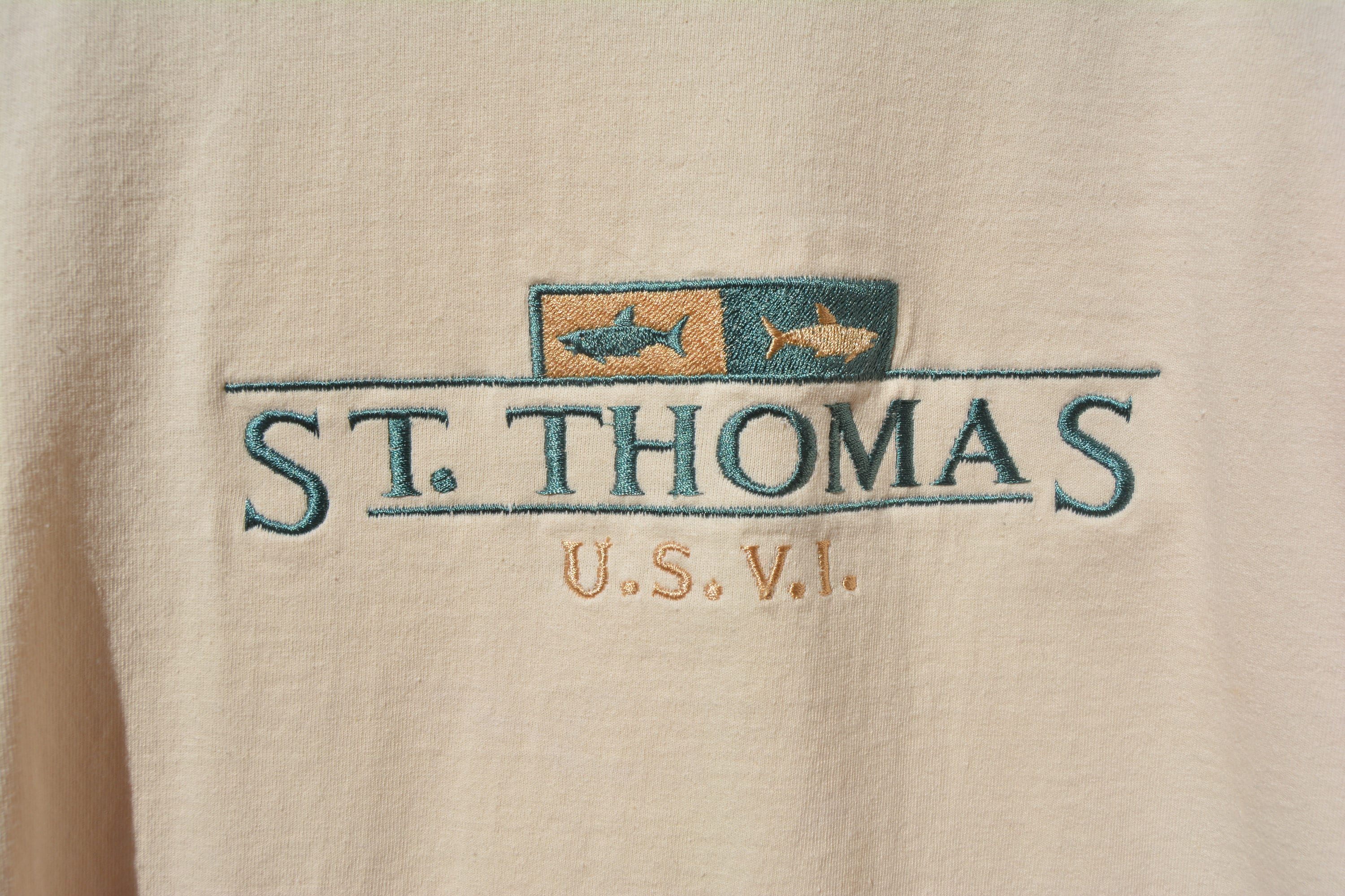 Vintage 90s St Thomas Usvi Embroidered Cream Tan Tee by St Thomas ...