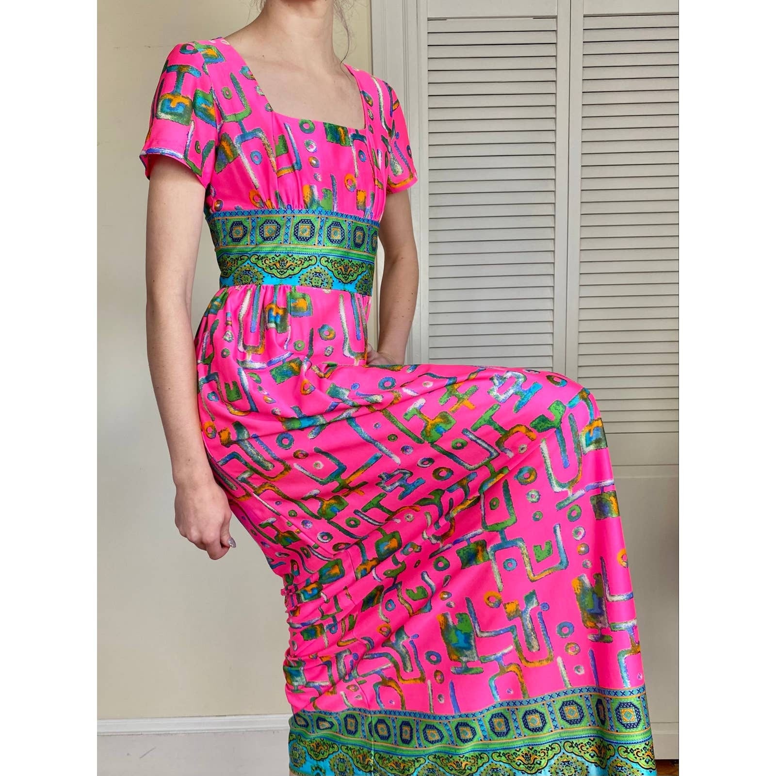 Vintage 60’s Neon Pink Empire Waist Psychedelic Maxi Dress by Sather ...