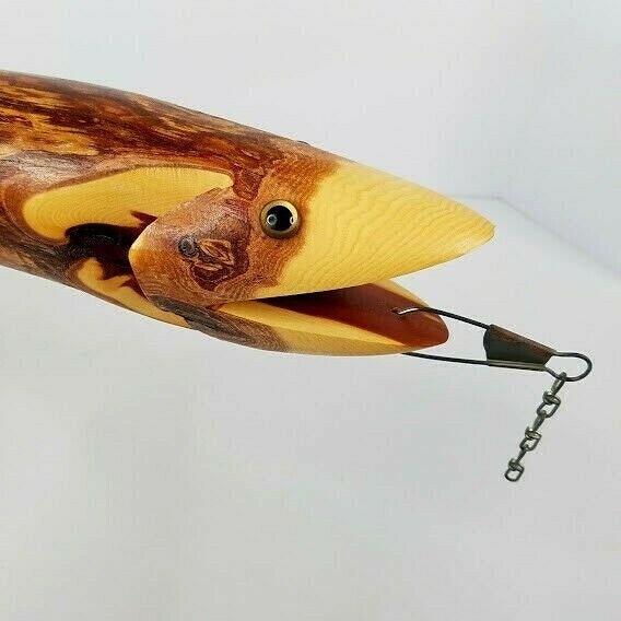 Vintage Wood Hand Carved Fish Metal Stringer Rustic Cabin Lake House ...