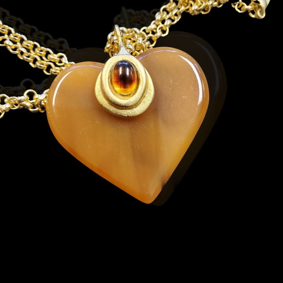 Vintage Long Lucite Heart Faux Amber Pendant with Rolo Link Gold Plated ...