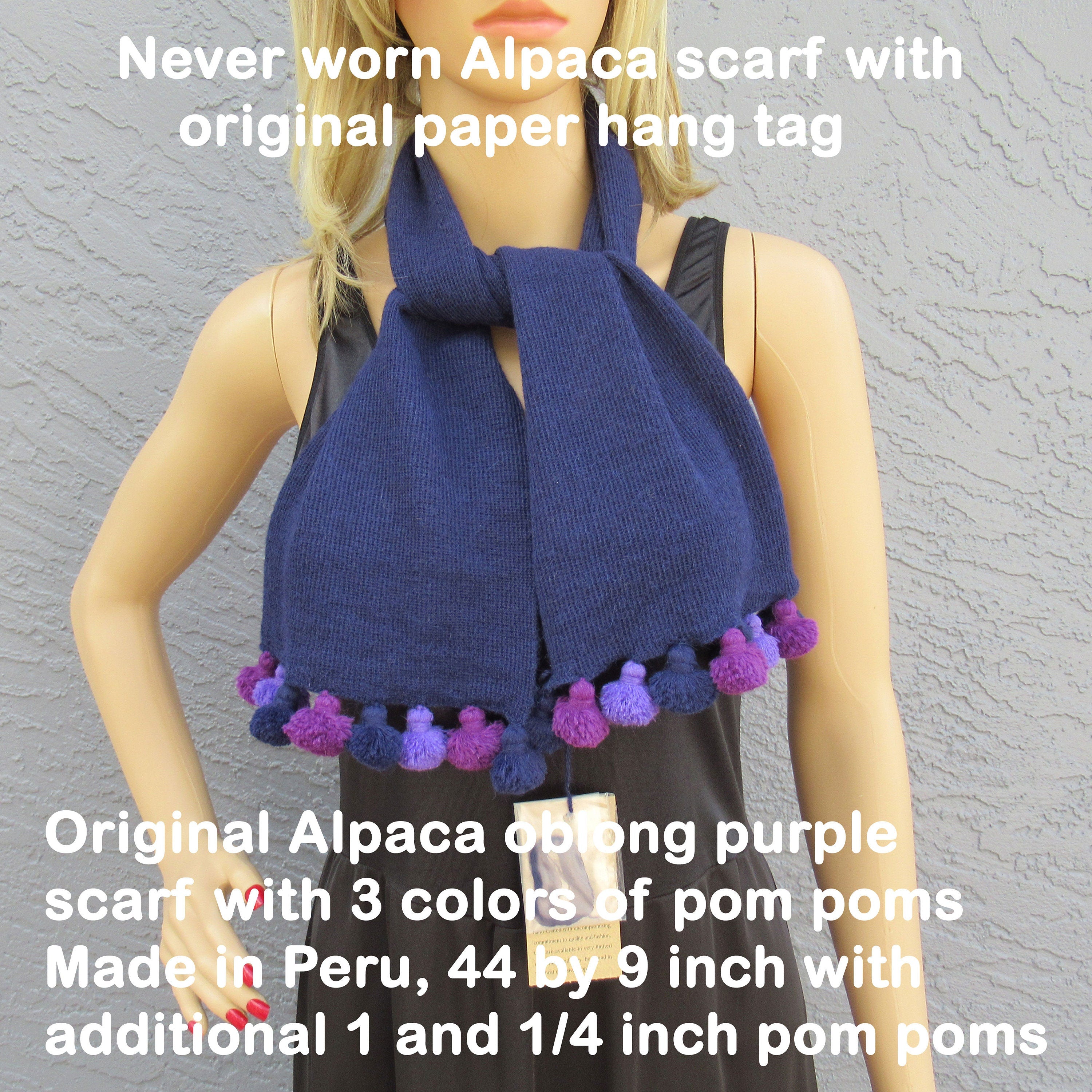 Vintage Original Alpaca Oblong Purple Scarf with 3 Colors of Pom Poms ...
