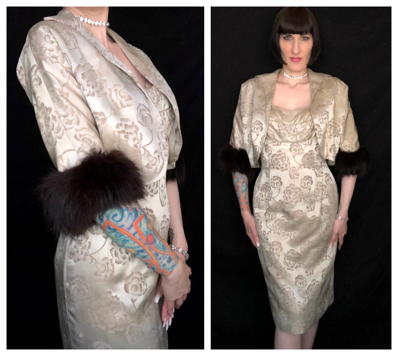Vintage 50s Lilli Diamond Ivory Floral Satin Brocade Wiggle Dress Set ...