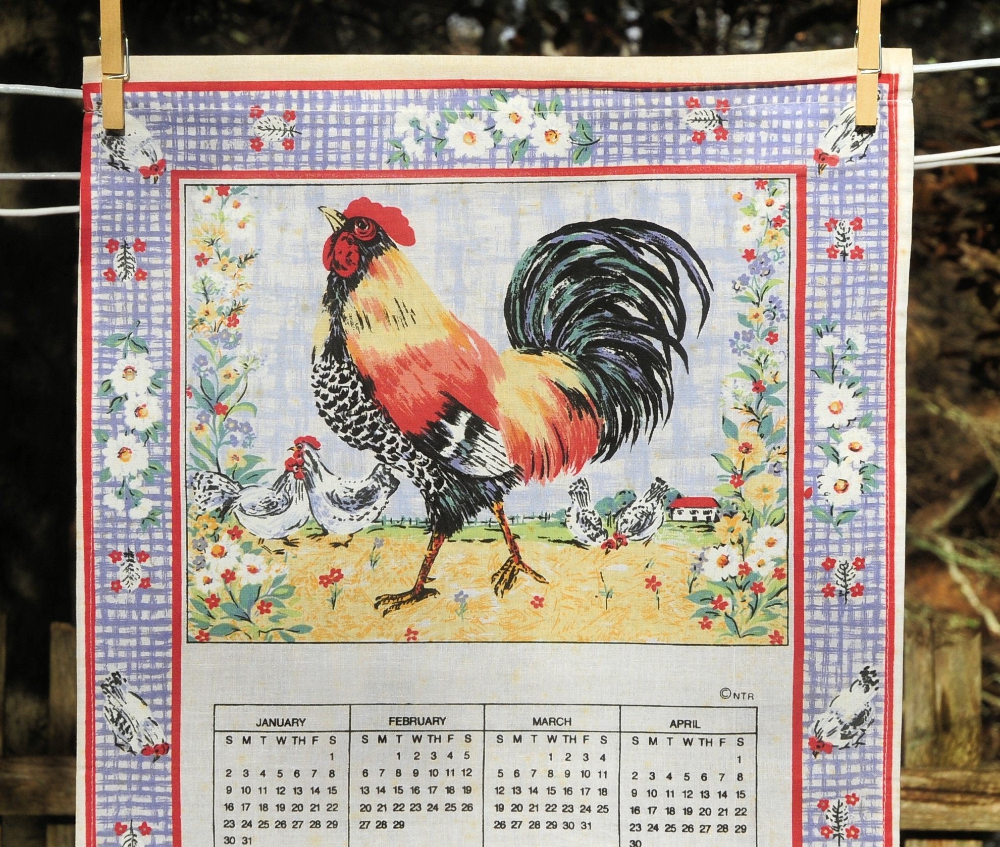 Vintage 2000 / Farmyard Rooster Calendar Towel / Blue Check Border / B ...