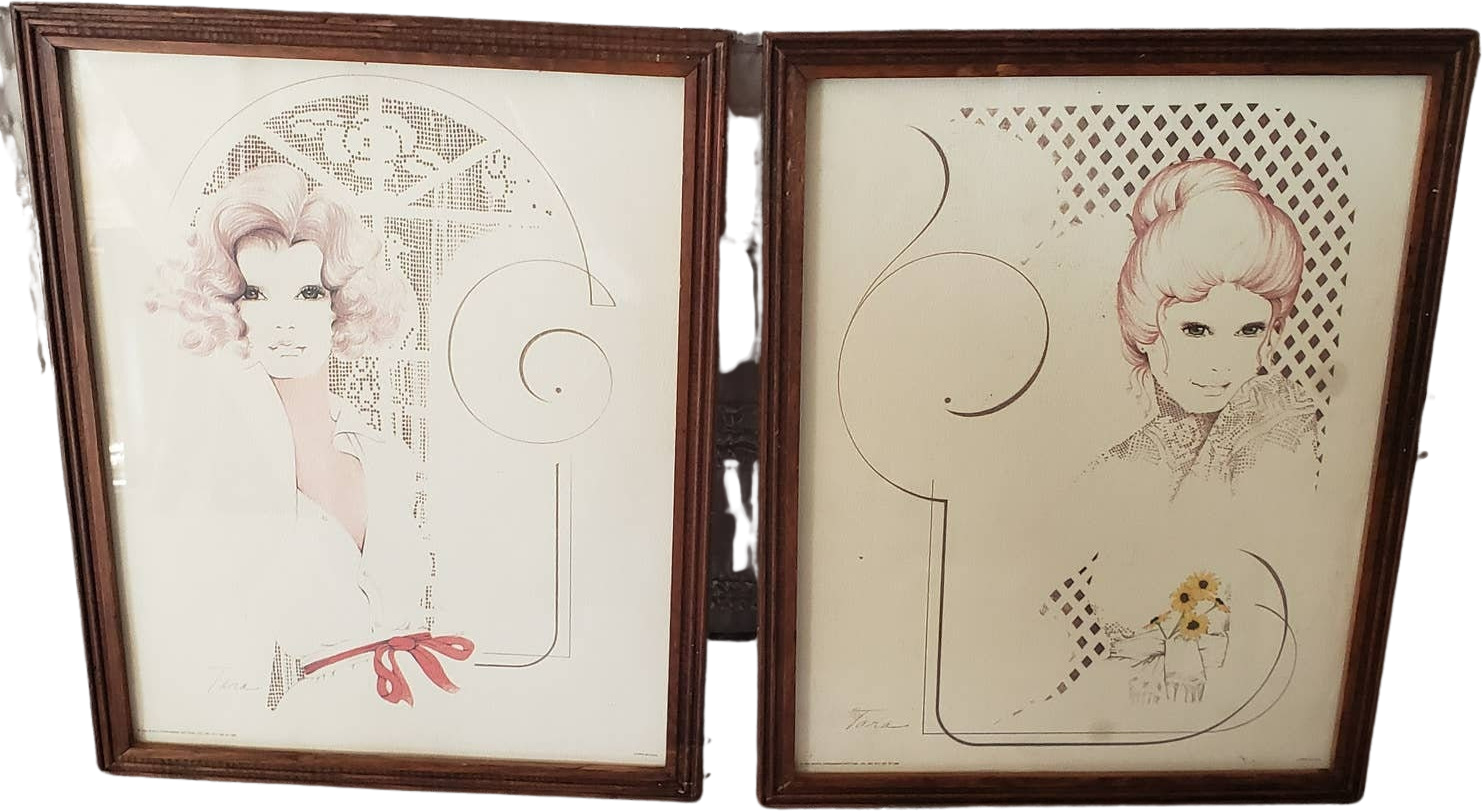 Vintage 1975 Tara Girls Lithograph Prints Wood Framed Two In Set by Wi ...