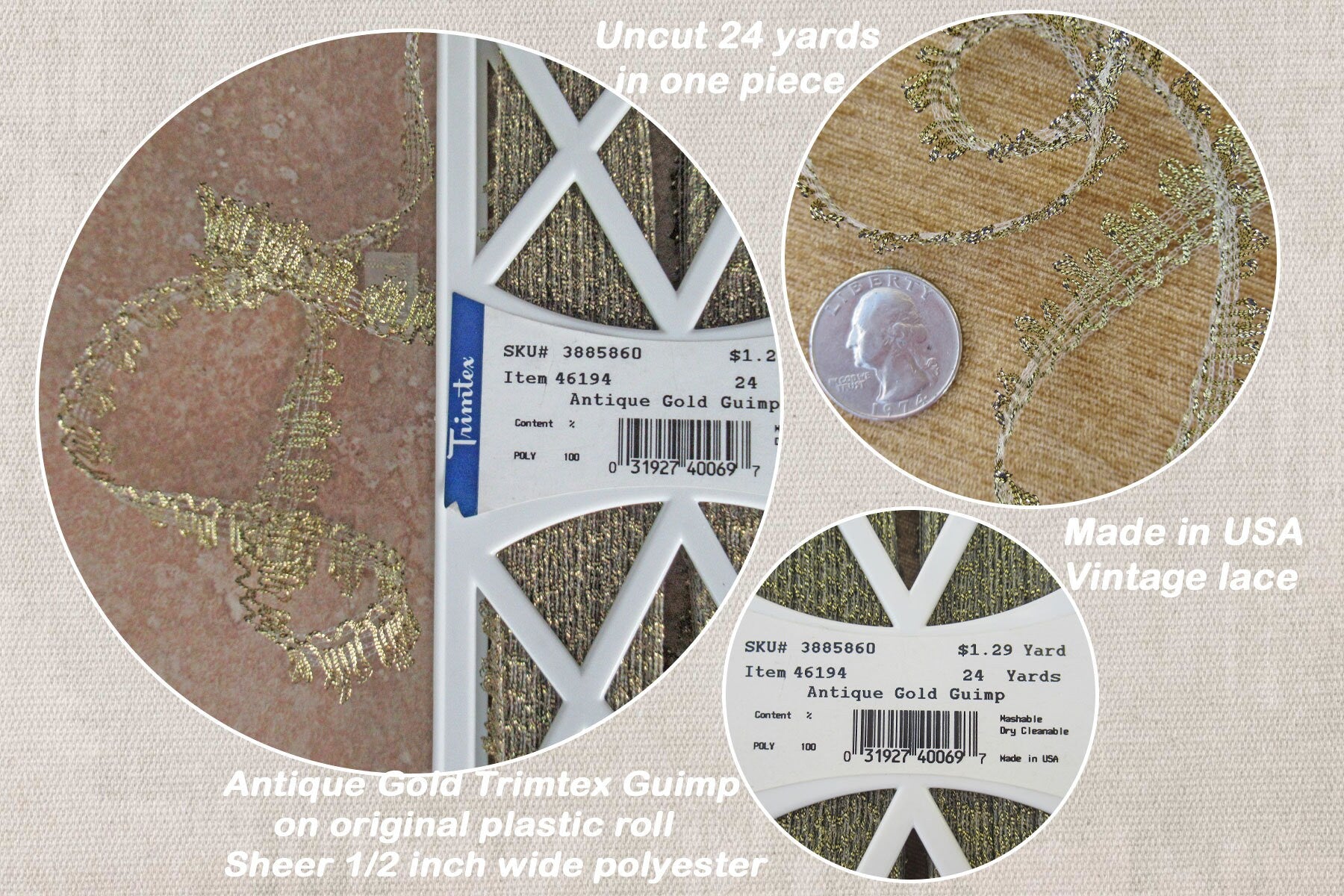 Vintage Yards of Antique Gold Trimtex Guimp On Original Roll Sheer Wide ...