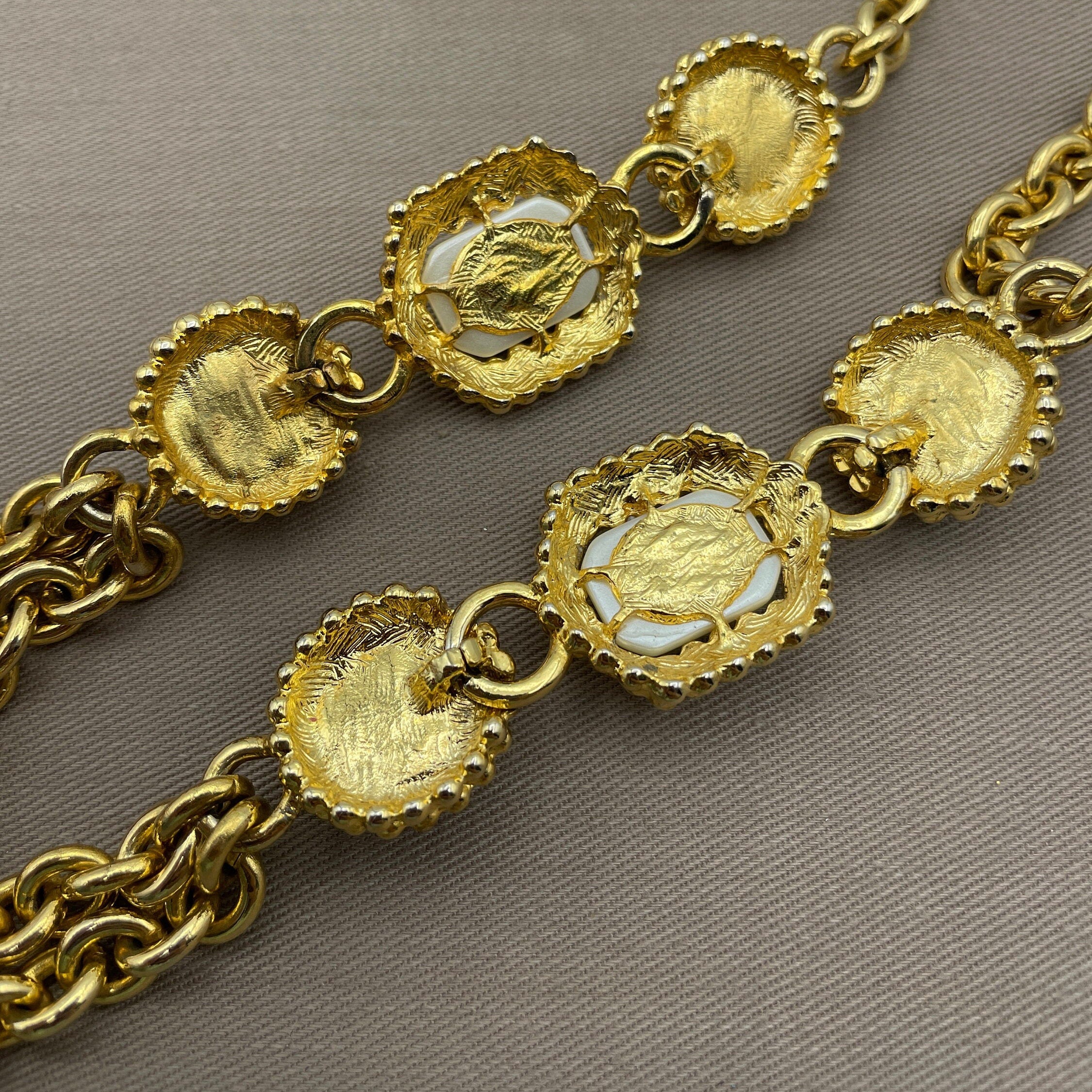 Vintage Chunky Gold Pearl Opera Length Double Chain Statement Necklace ...