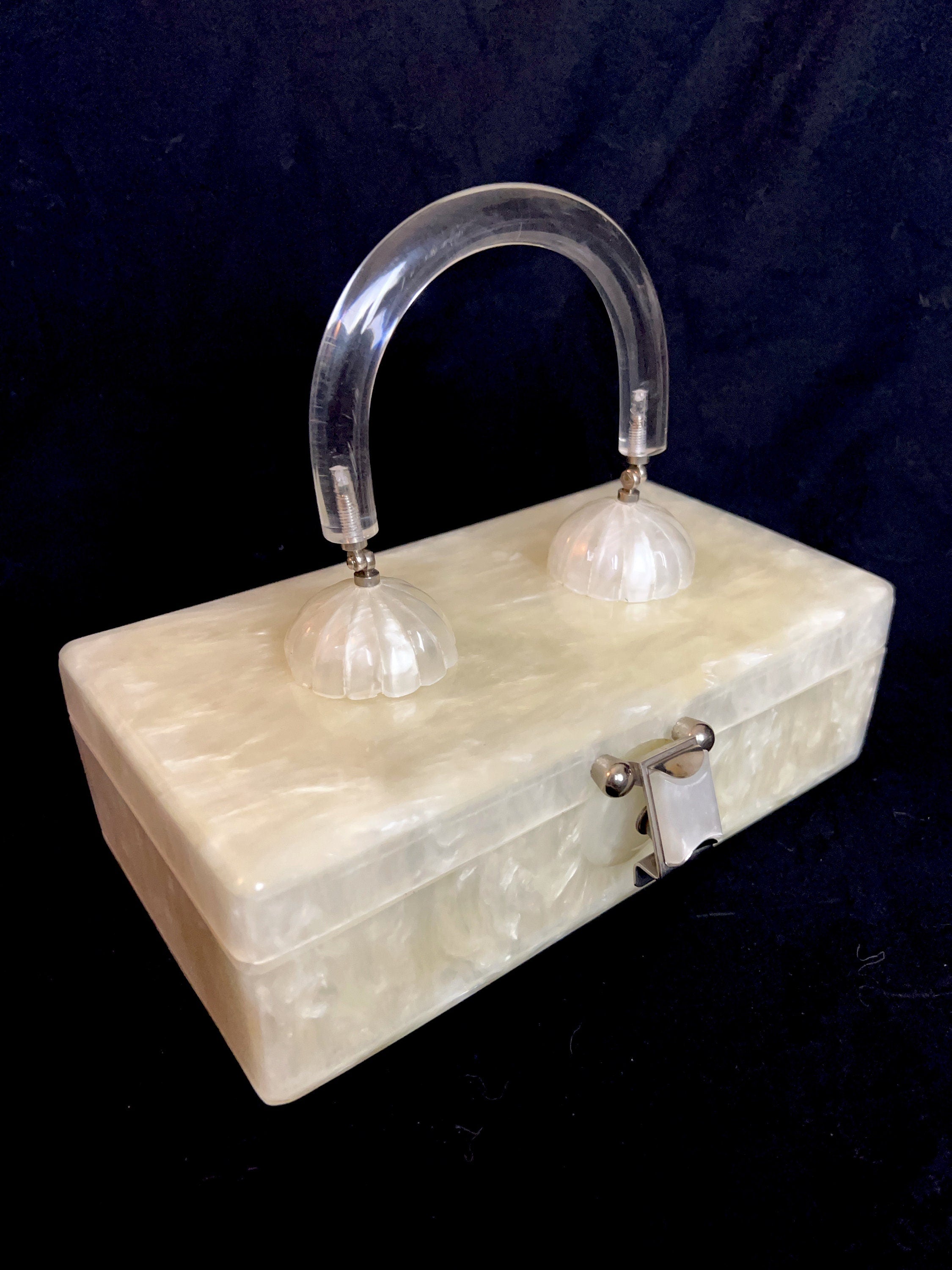 Vintage 50s White Pearlescent Marbled Lucite Rectangular Box Bag with ...