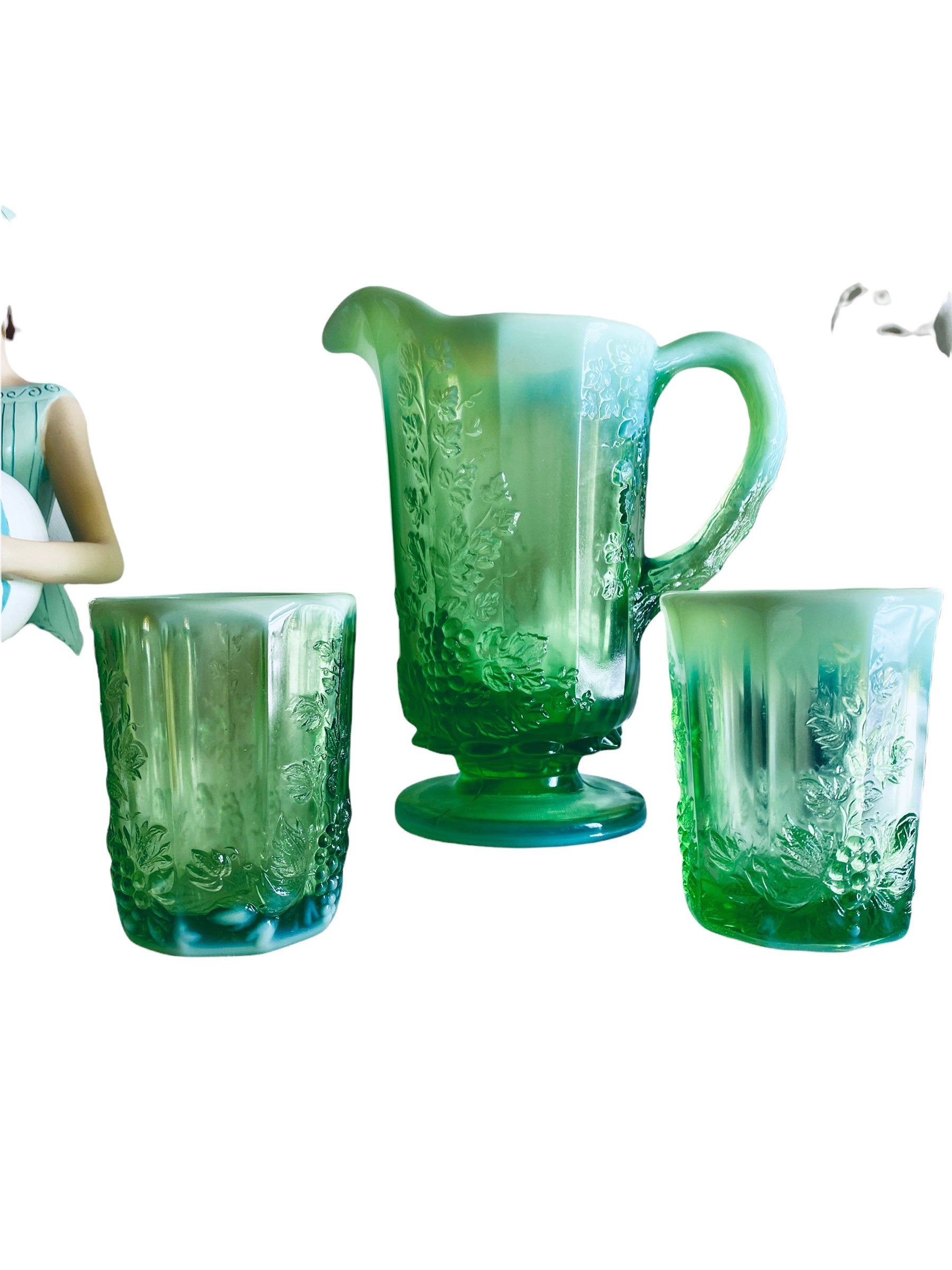 Vintage Mid Century Mosser Glass Opalescent Green Water Pitcher Set ...