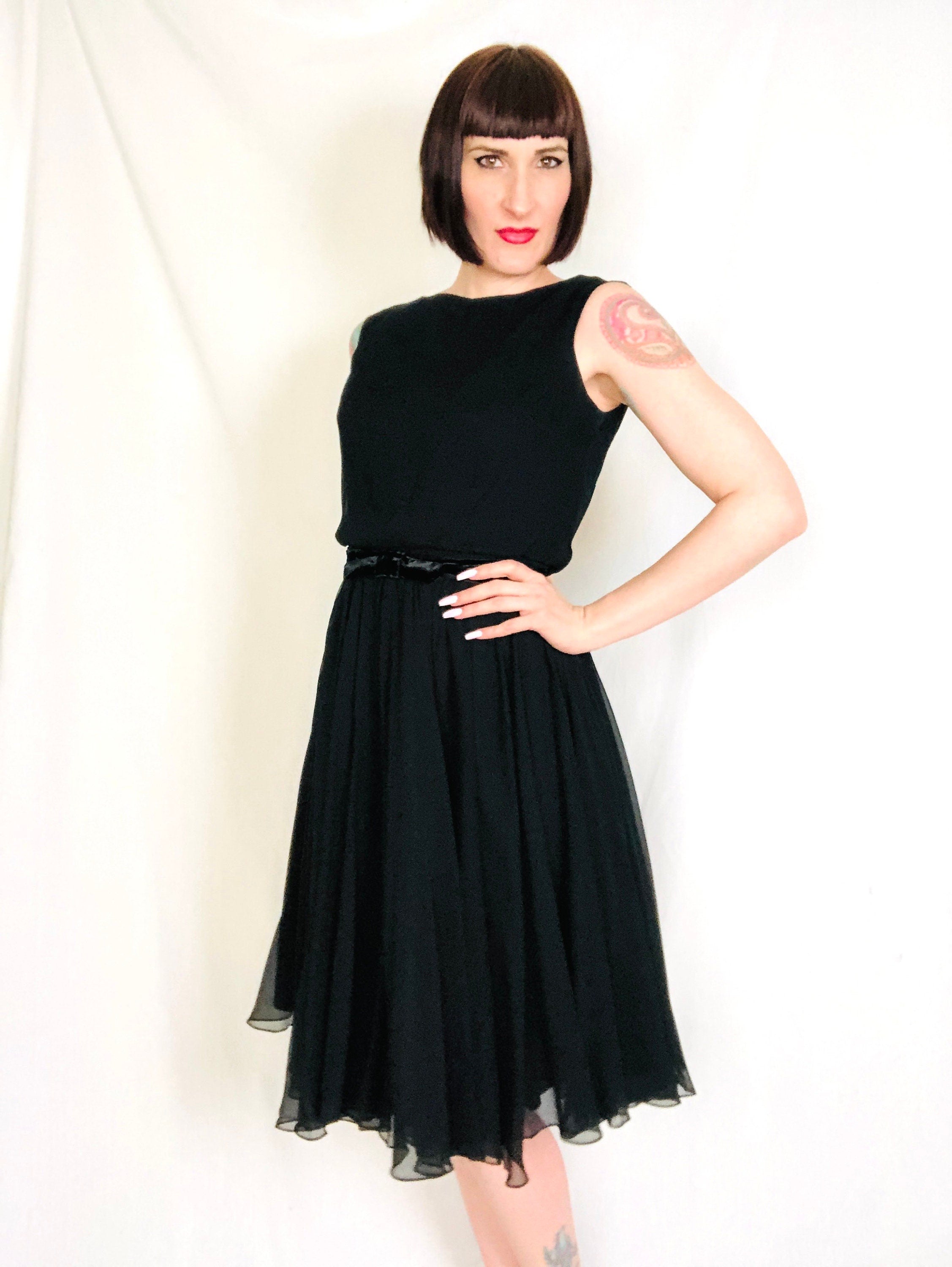 Vintage 60s Jet Black Rayon Chiffon Fit and Flare Party Dress by Miss ...