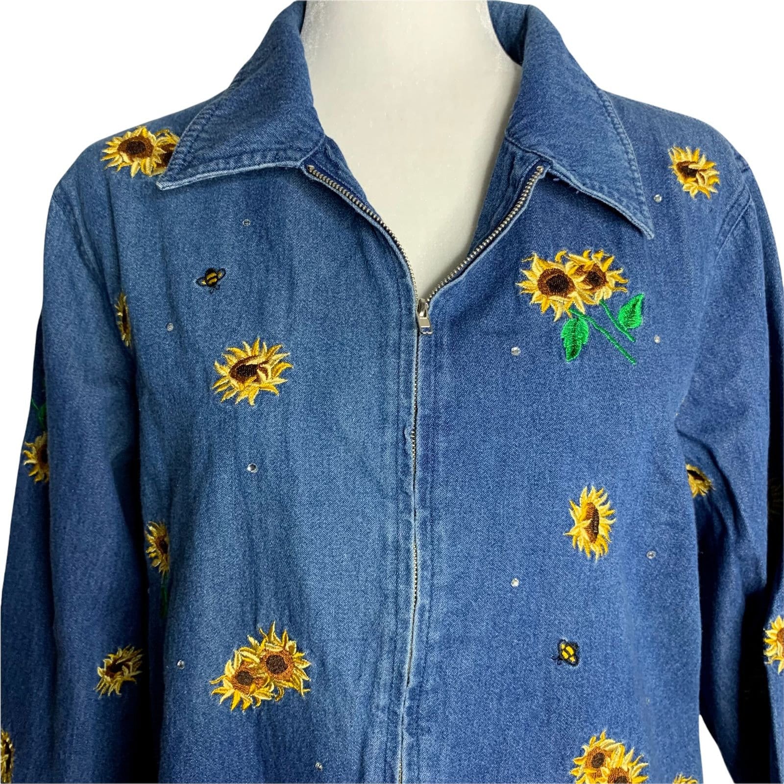 Vintage Quacker Factory Chambray Jacket L Blue Full Zip Embroidered Su ...