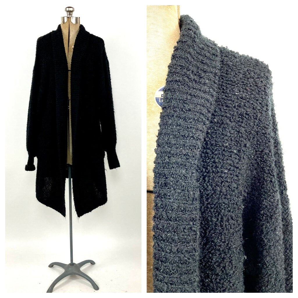 Vintage 80s Black Nubby Knit Cardigan Long Puff Sleeve Sweater by ...