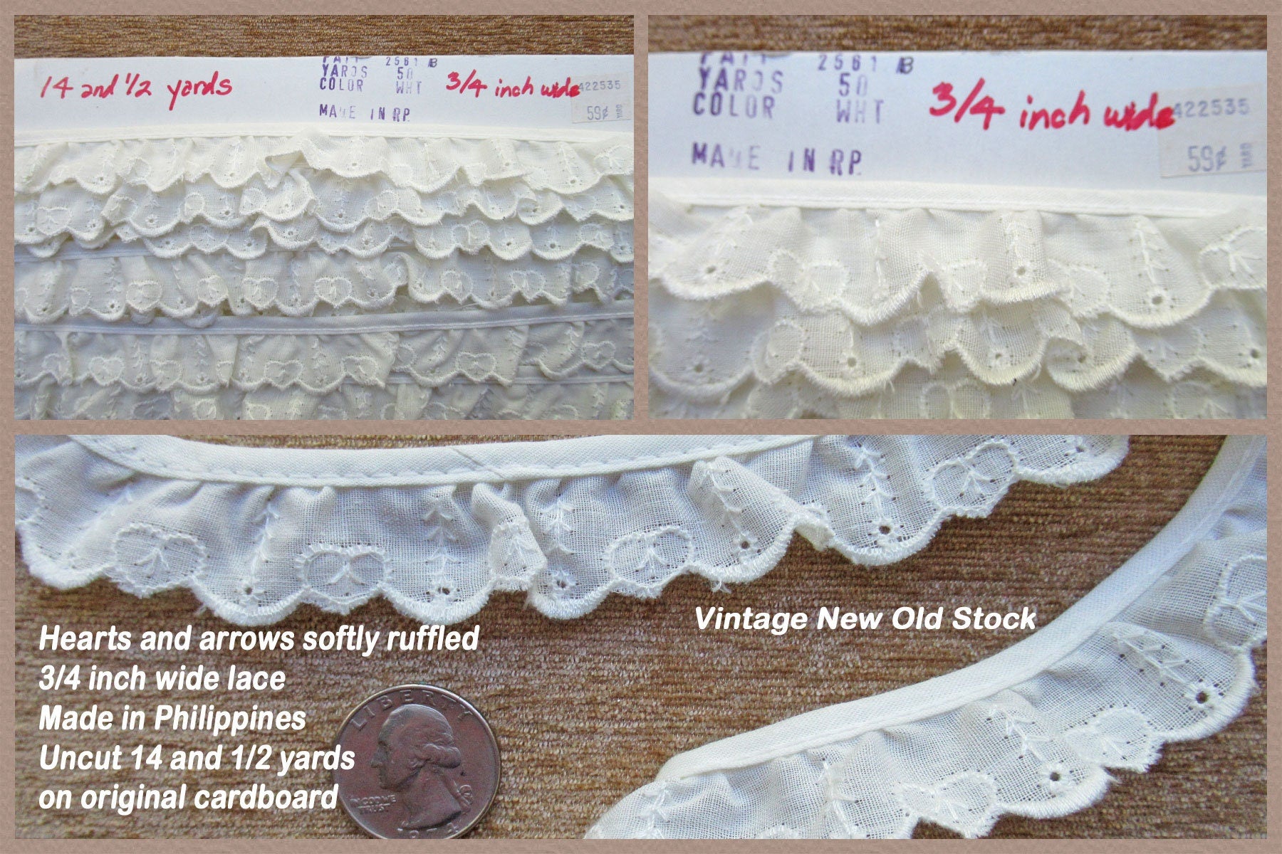 Vintage 14 Plus Yards Softly Ruffled Lace Hearts and Arrows 3/4 Inch ...