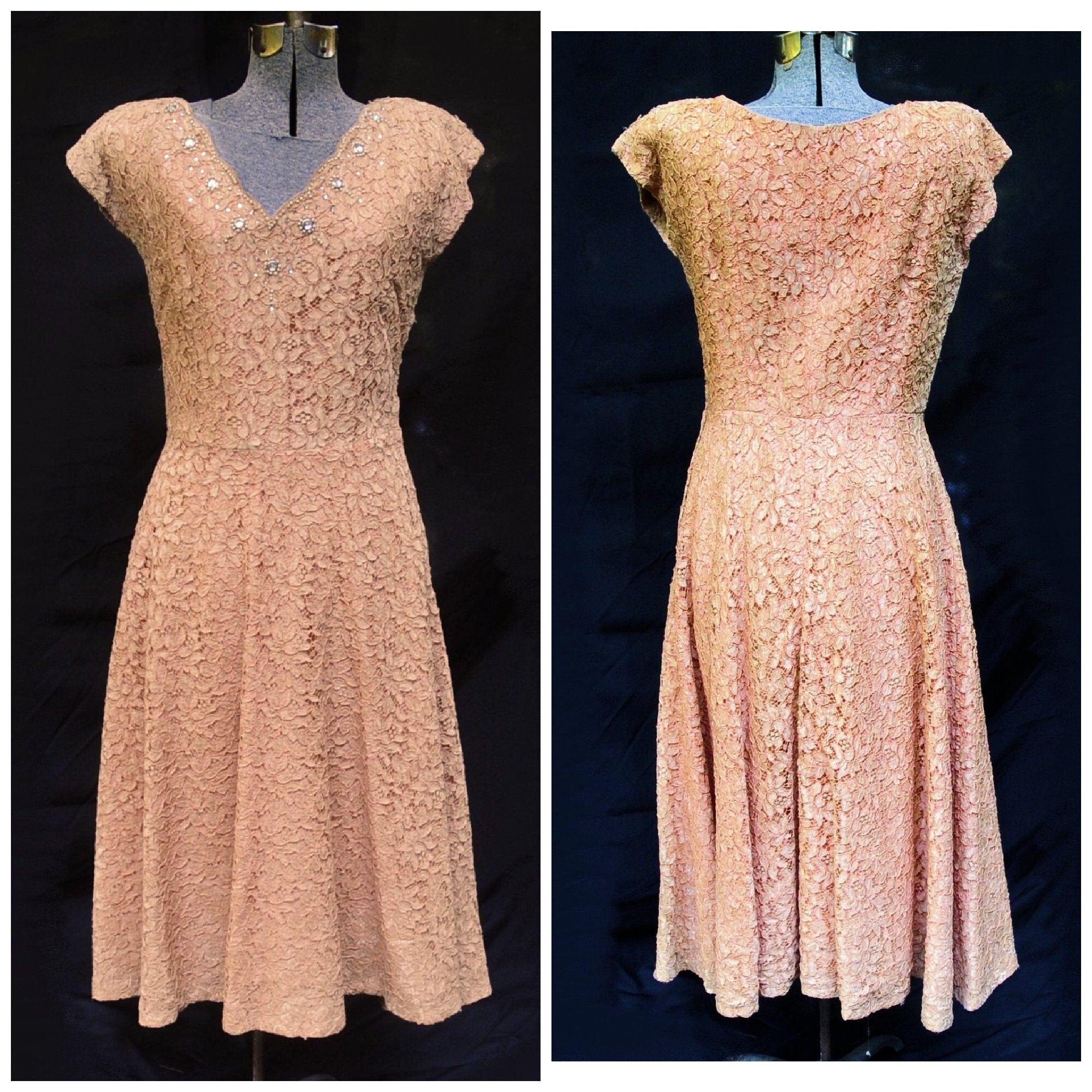 Vintage 50s 60s Prima New York Peach Lace Party Prom Dress Rhinestone ...