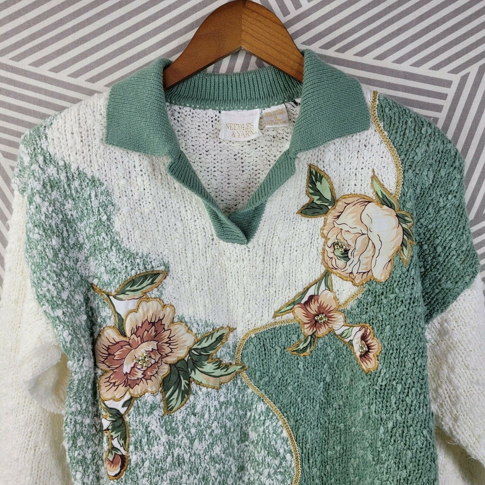 Vintage 90s Collared Granny Rose Appliqué Embellished Grandma Sweater ...