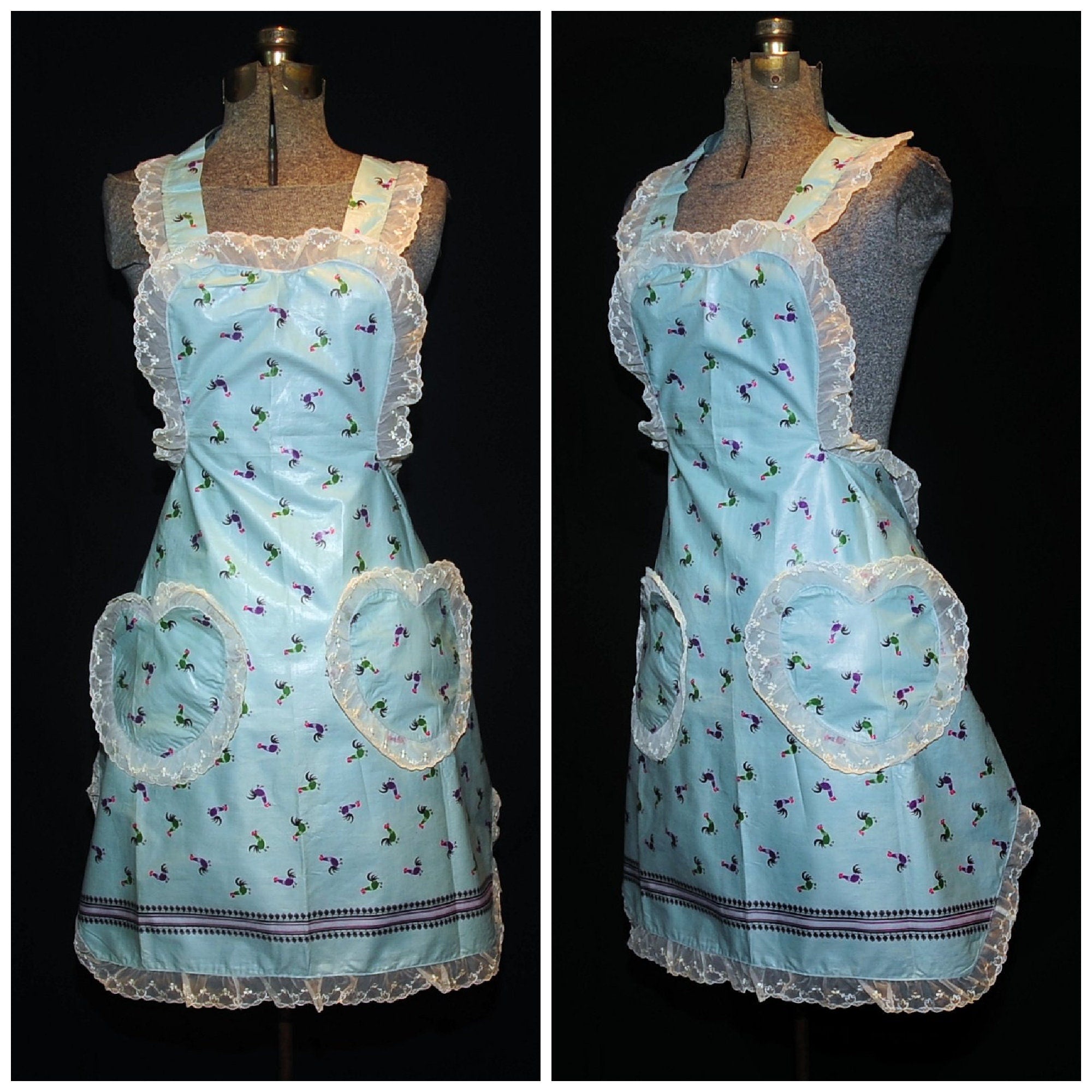 Vintage 60s Rooster Print Full Bib Fancy Apron Blue Polished Cotton an ...