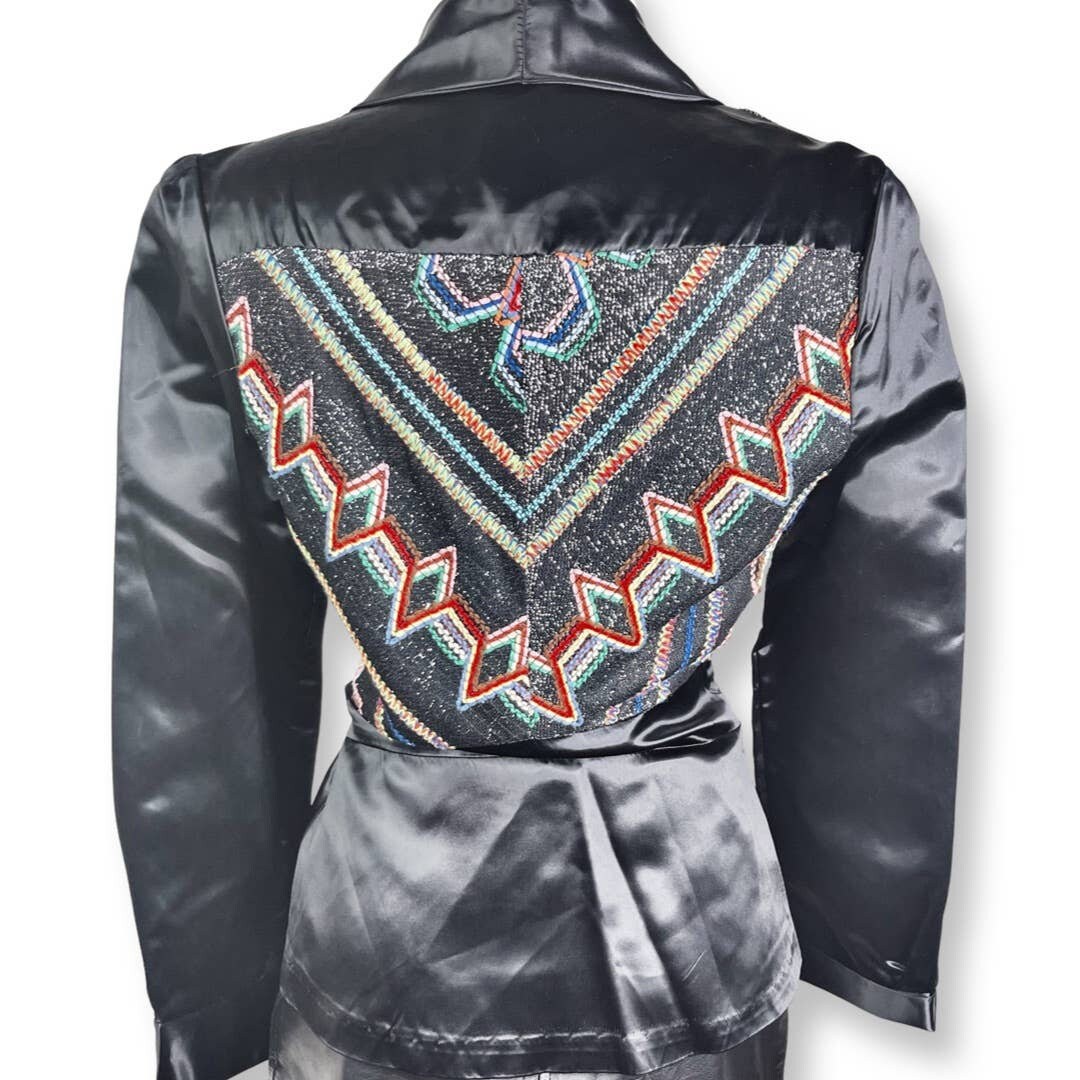 Vintage 70s Retro Satin Jacket with Metallic Woven Inset Back Front ...