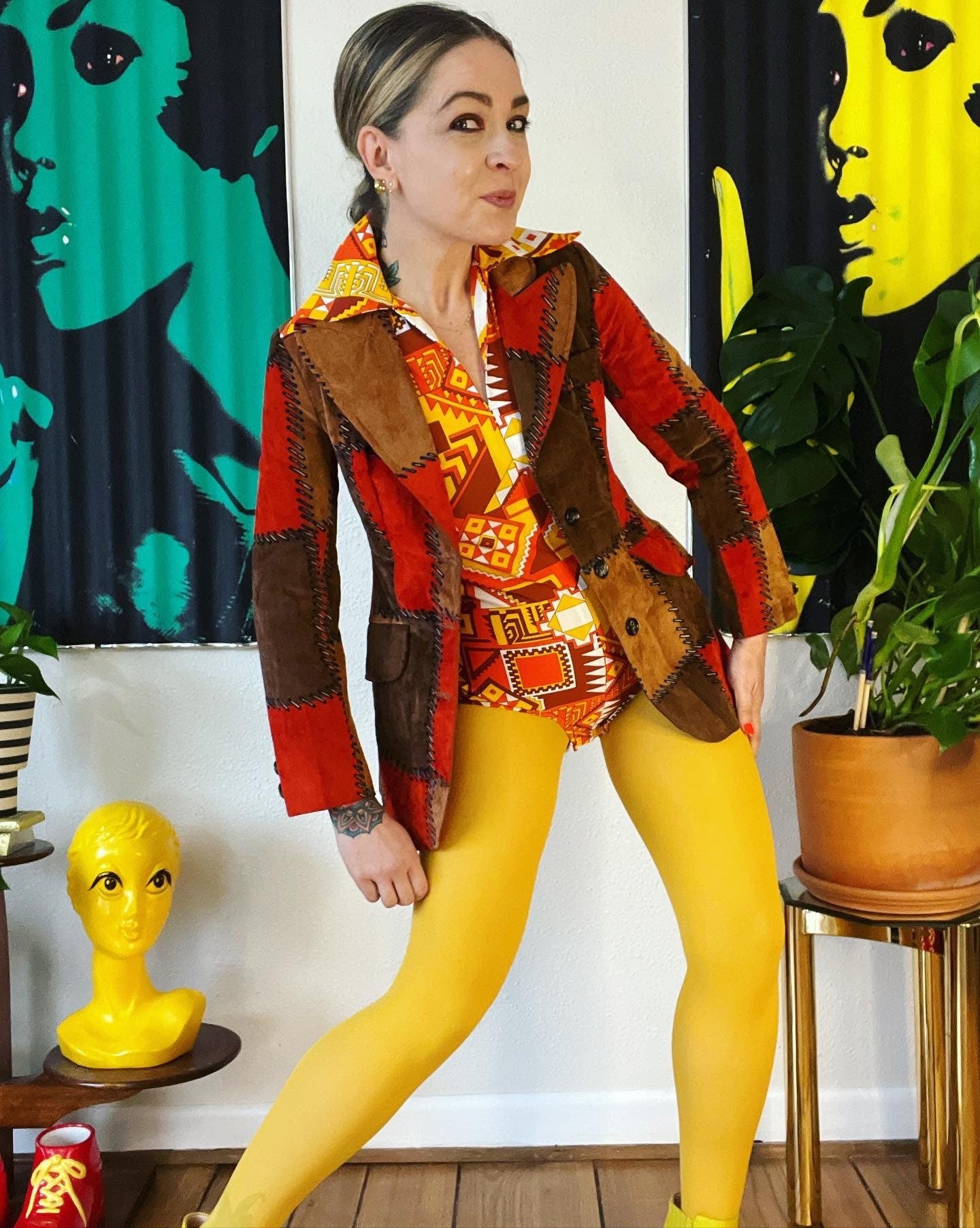 Vintage 60s Geo Psychedelic Print Dagger Collar Long Sleeve Bodysuit ...