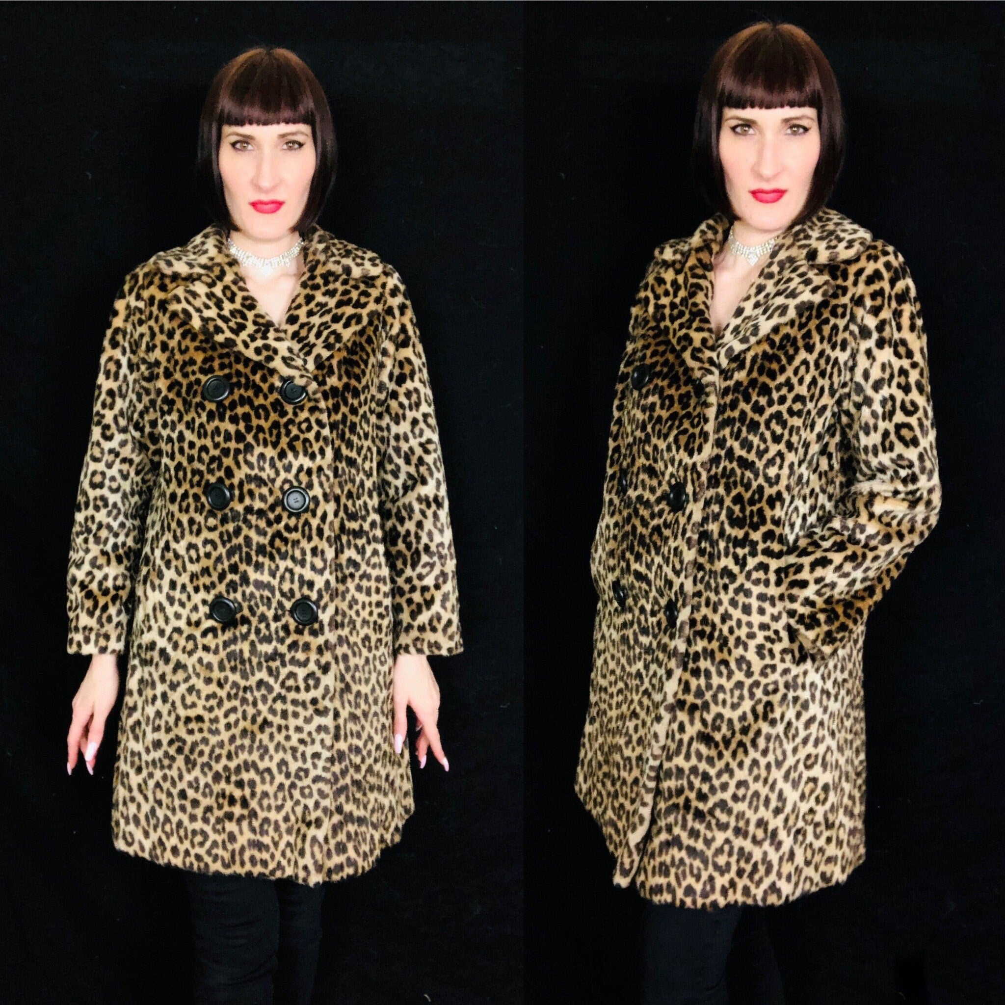 Vintage 60s Luxurious Leopard Print Faux Fur Double Breasted Peacoat ...