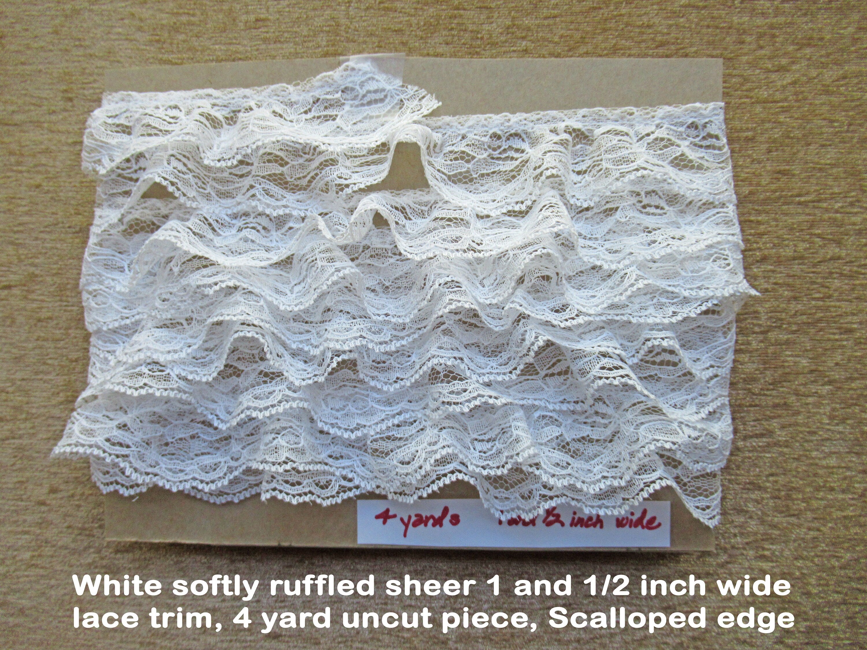 Vintage 4 Yards Softly Ruffled Lace Sheer 1 and 1/2 Inch Wide White ...