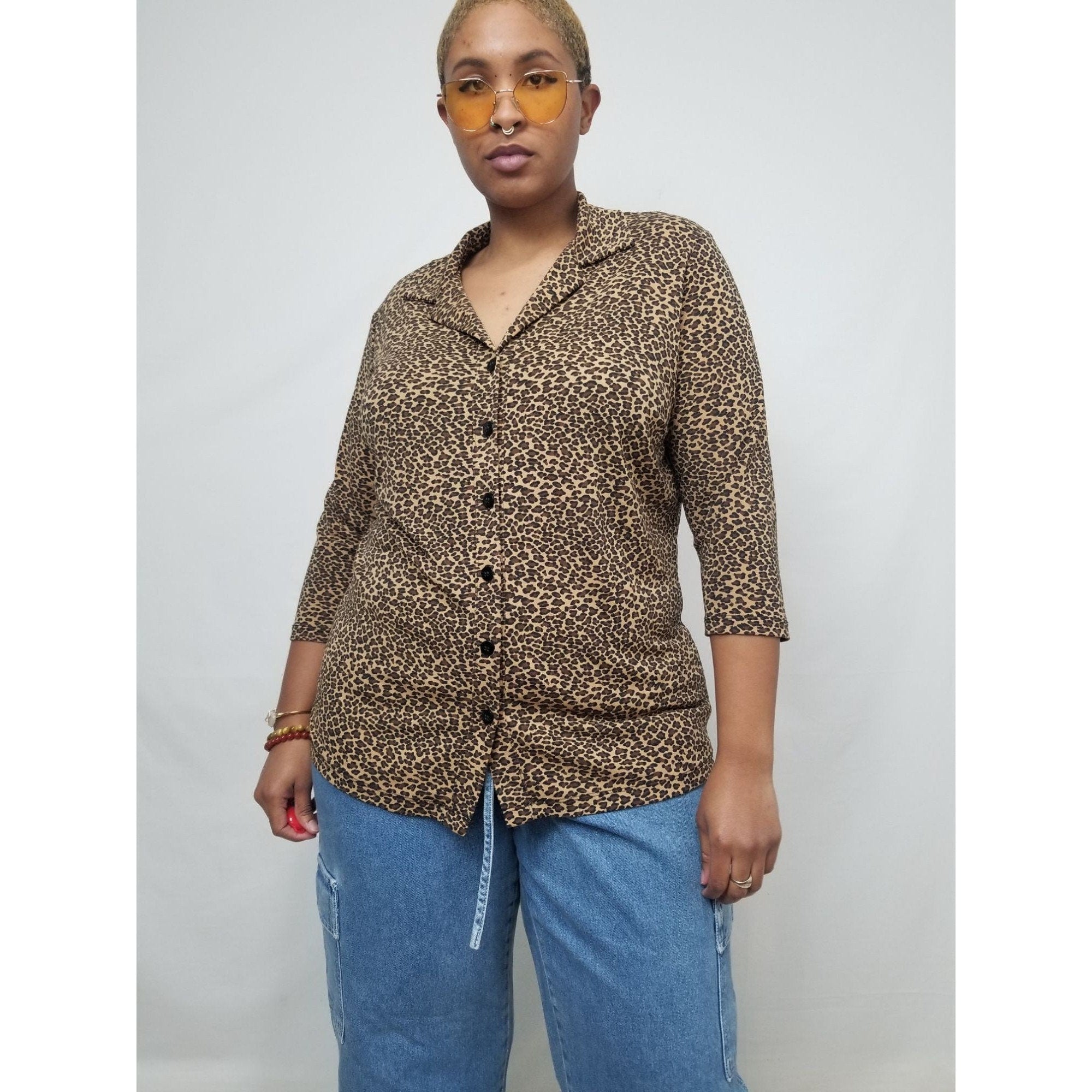 Plus Size Vintage 00s Cheetah Print Top Quarter Length Sleeve V-Neck B ...