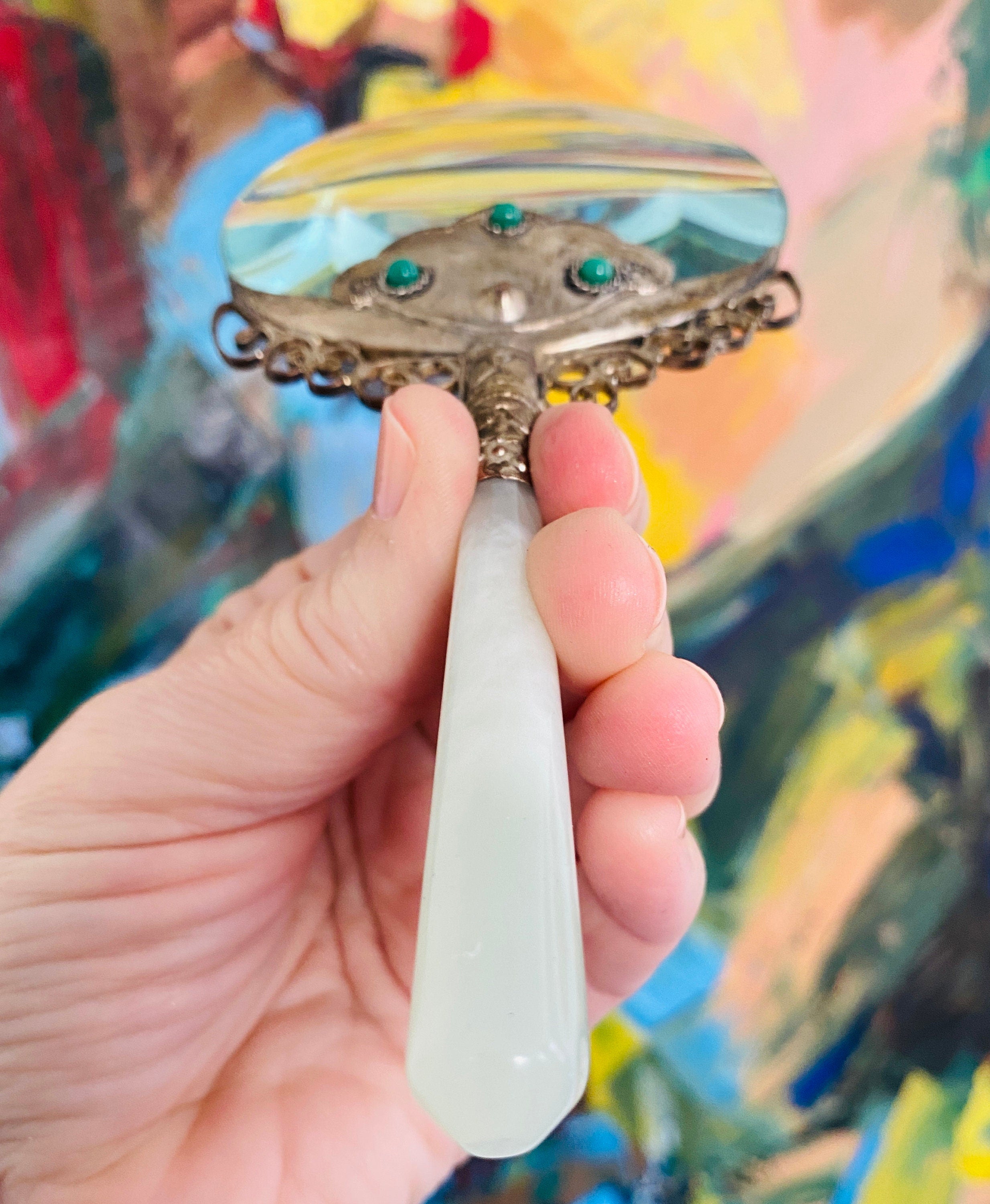 Vintage Tozai Home Small Magnifying Glass with Light Green Agate Handl ...