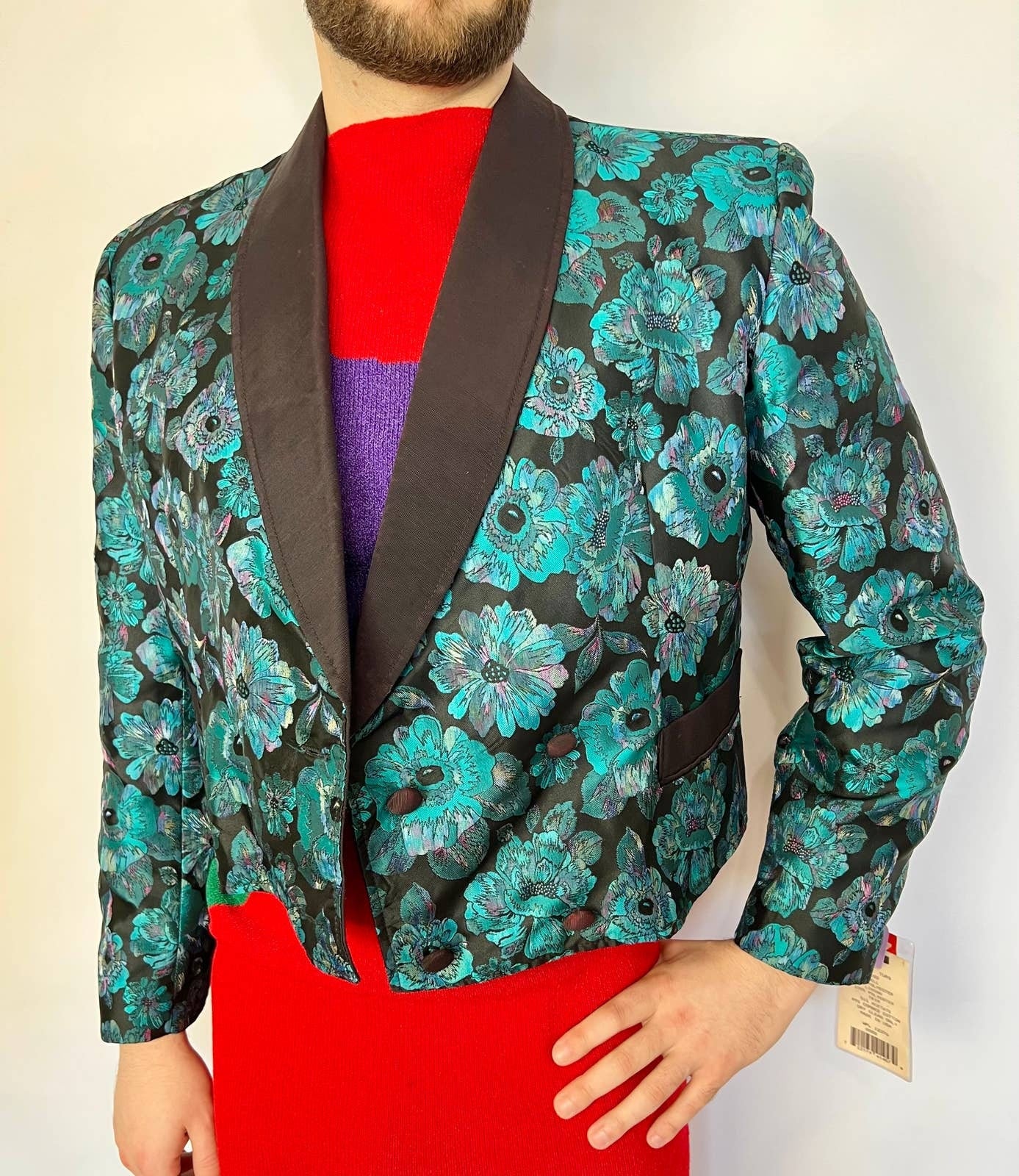 Vintage 80s Turquoise Floral Brocade Cropped Tuxedo Style Jacket | Shop ...