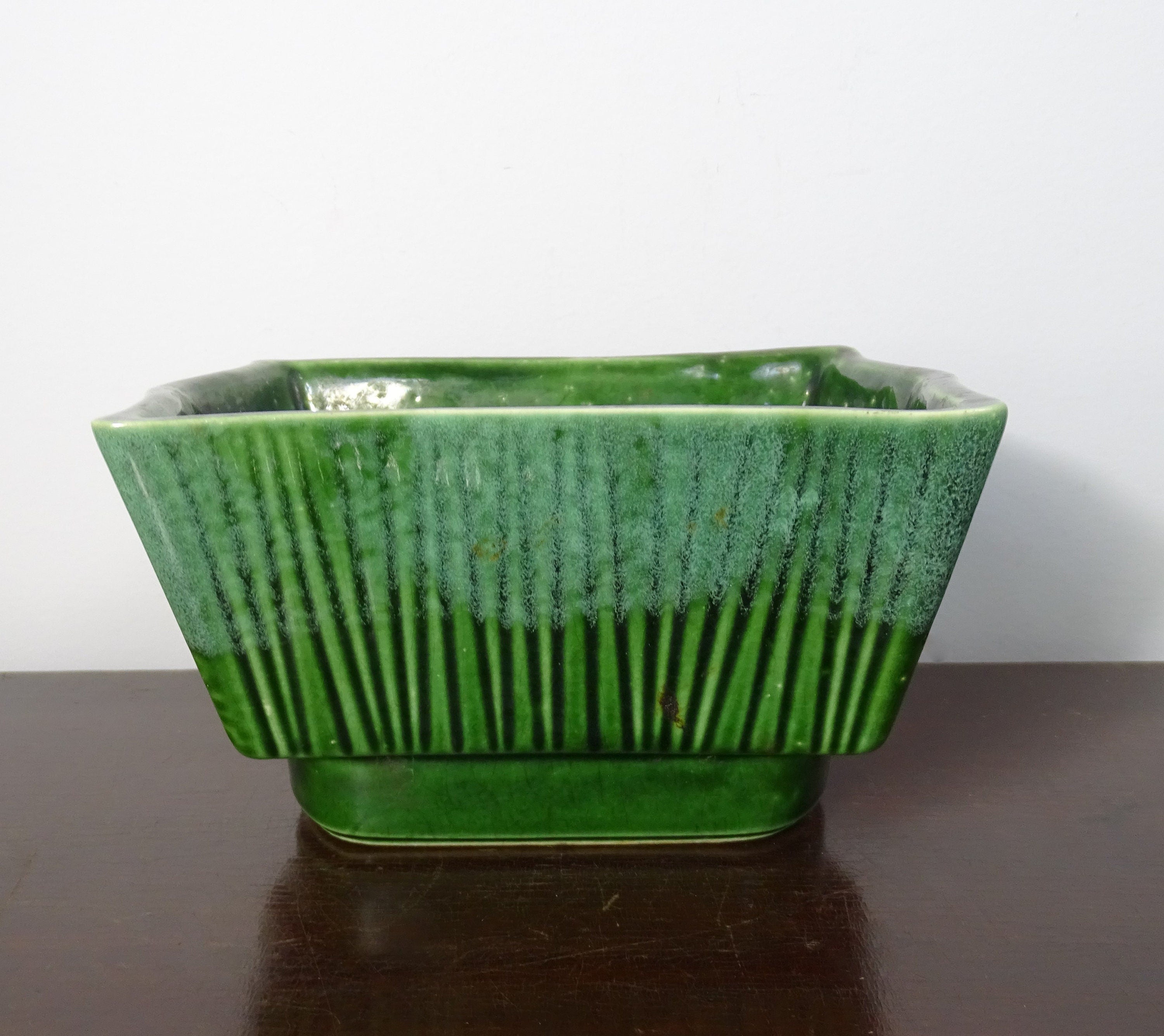 Vintage Hunter Green Ceramic Glass Small Rectangle Planter Pot Vase ...