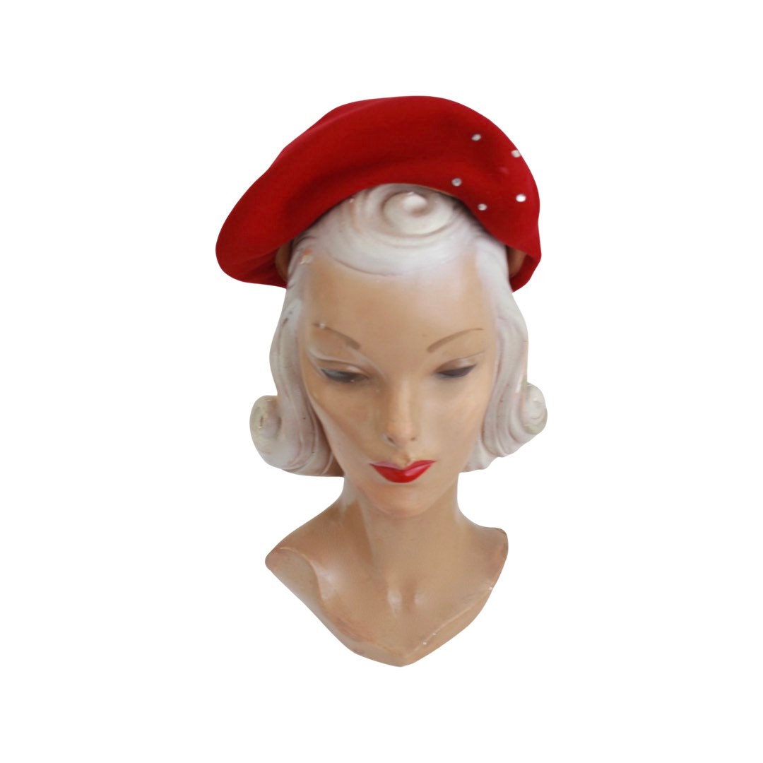 Vintage 50s Crimson Red Felt Cocktail Hat with Rhinestone Details ...