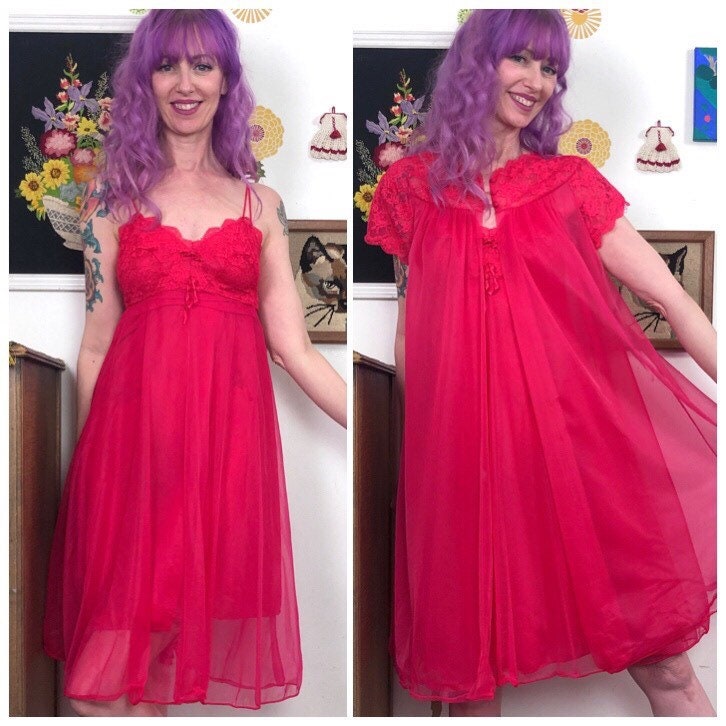 Vintage Red Chiffon Peignoir Set 60s Sheer Nylon Robe and Matching Nig ...