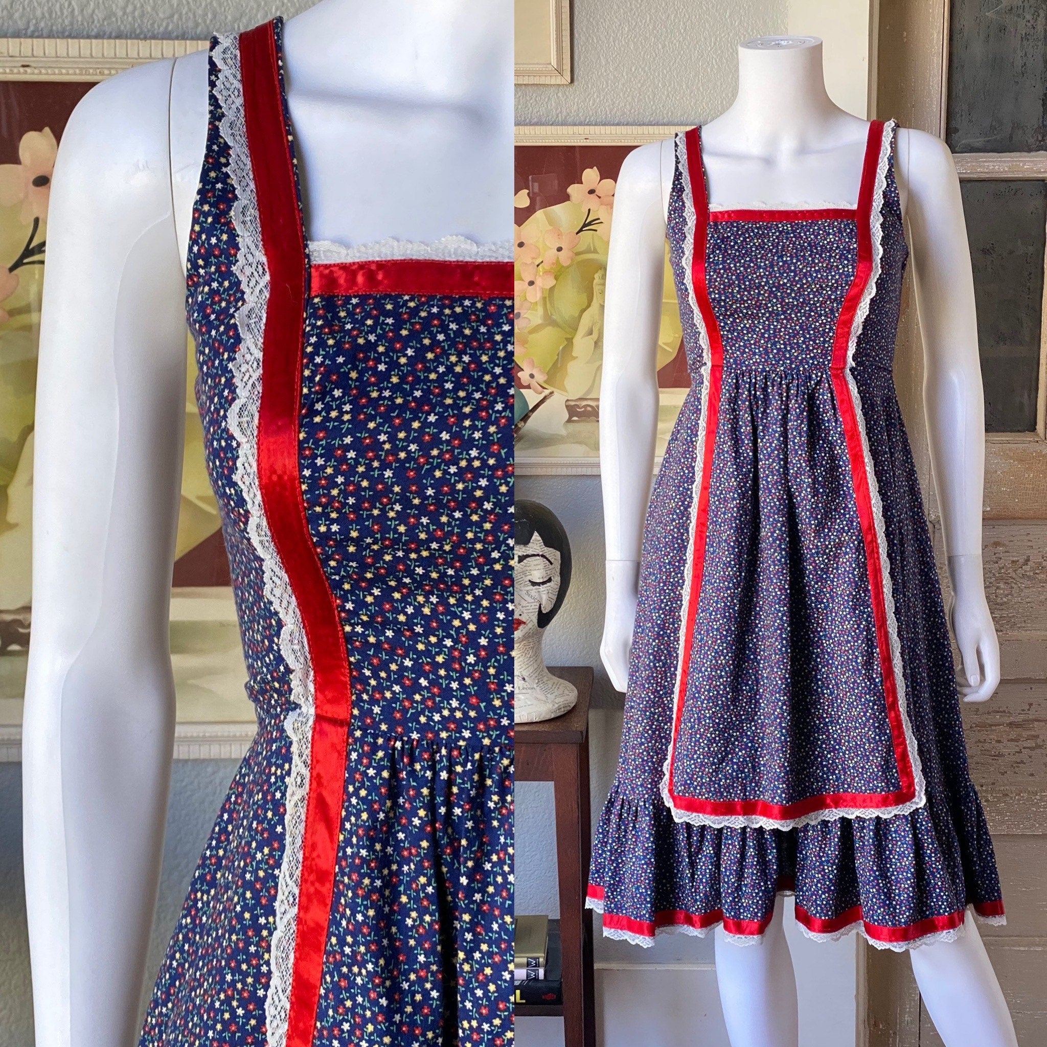 Vintage 70s Apron Front Primary Color Calico Sundress by Rags by ...