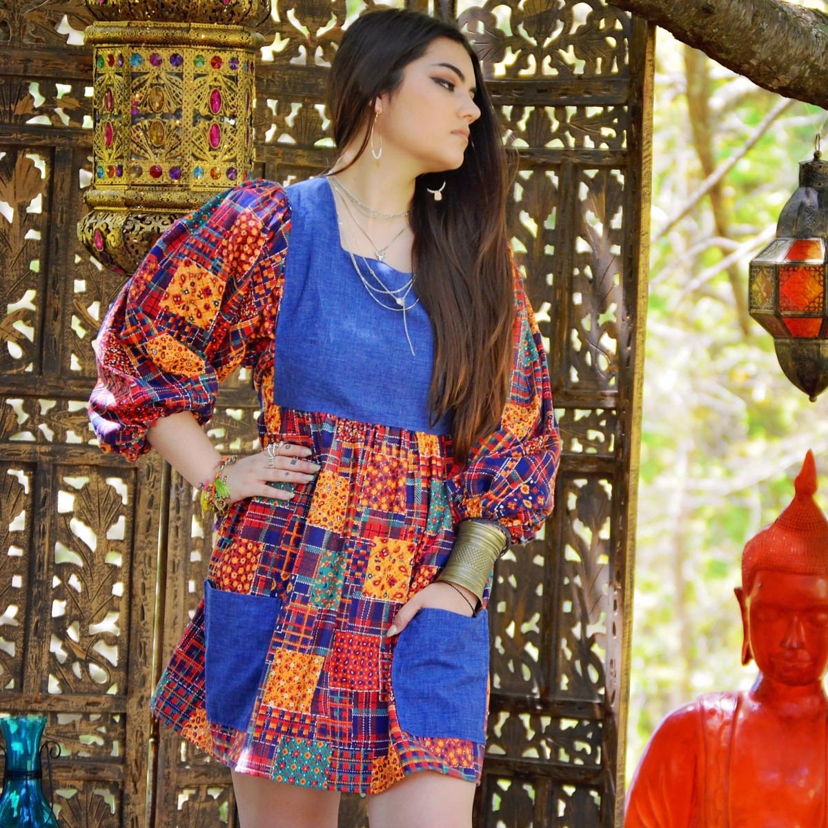 Vintage 70s Chambray Patchwork Empire Mini Dress by Chas L Lewis | Shop ...