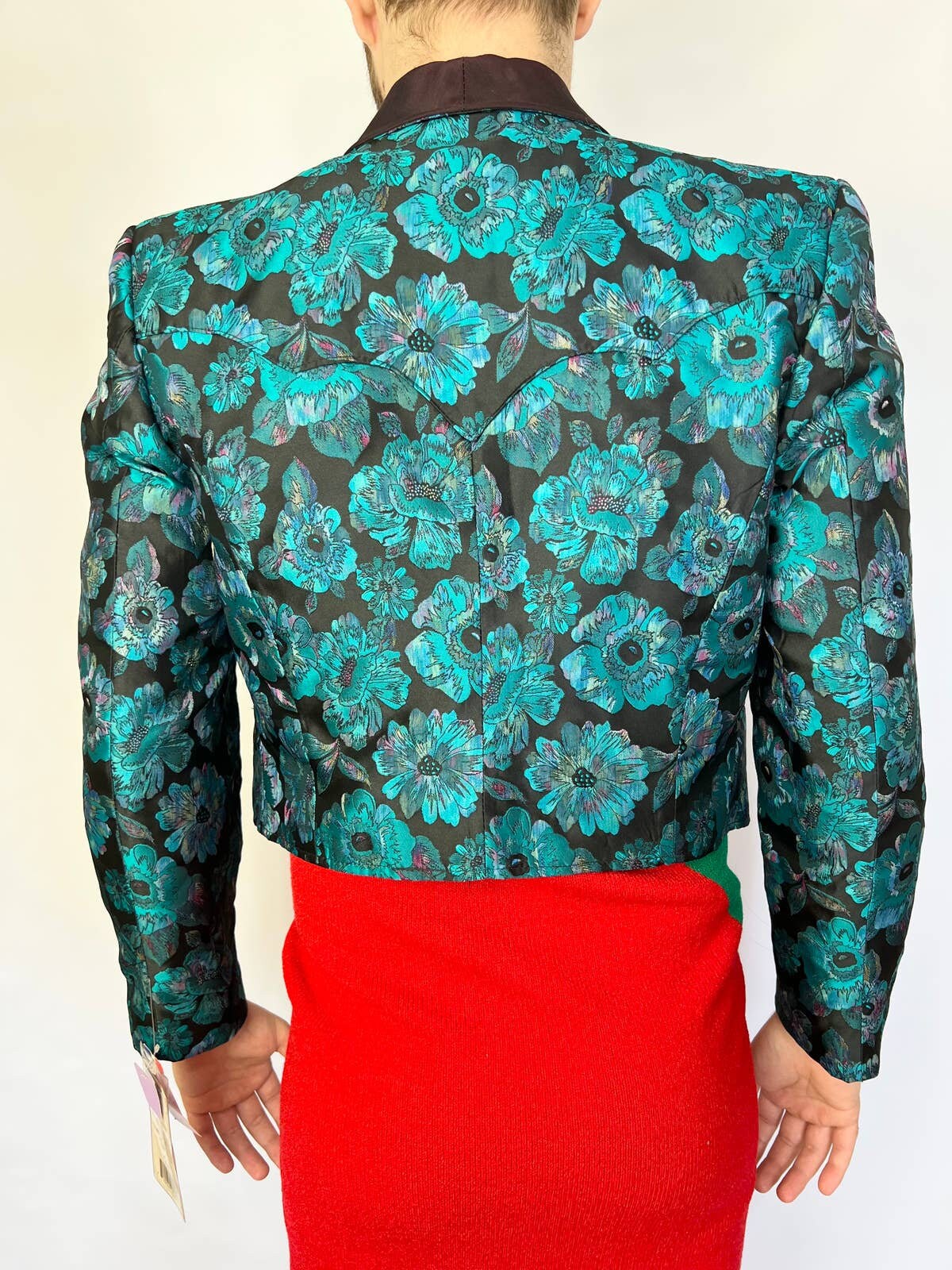 Vintage 80s Turquoise Floral Brocade Cropped Tuxedo Style Jacket | Shop ...